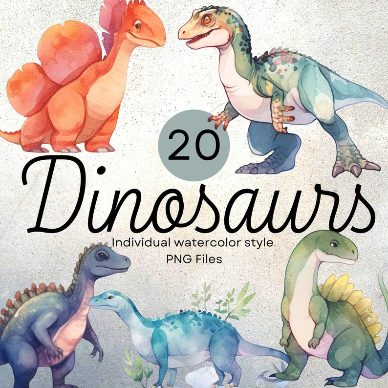 20 Watercolor Dinosaur Clipart PNG for Commercial Use Dino - Etsy