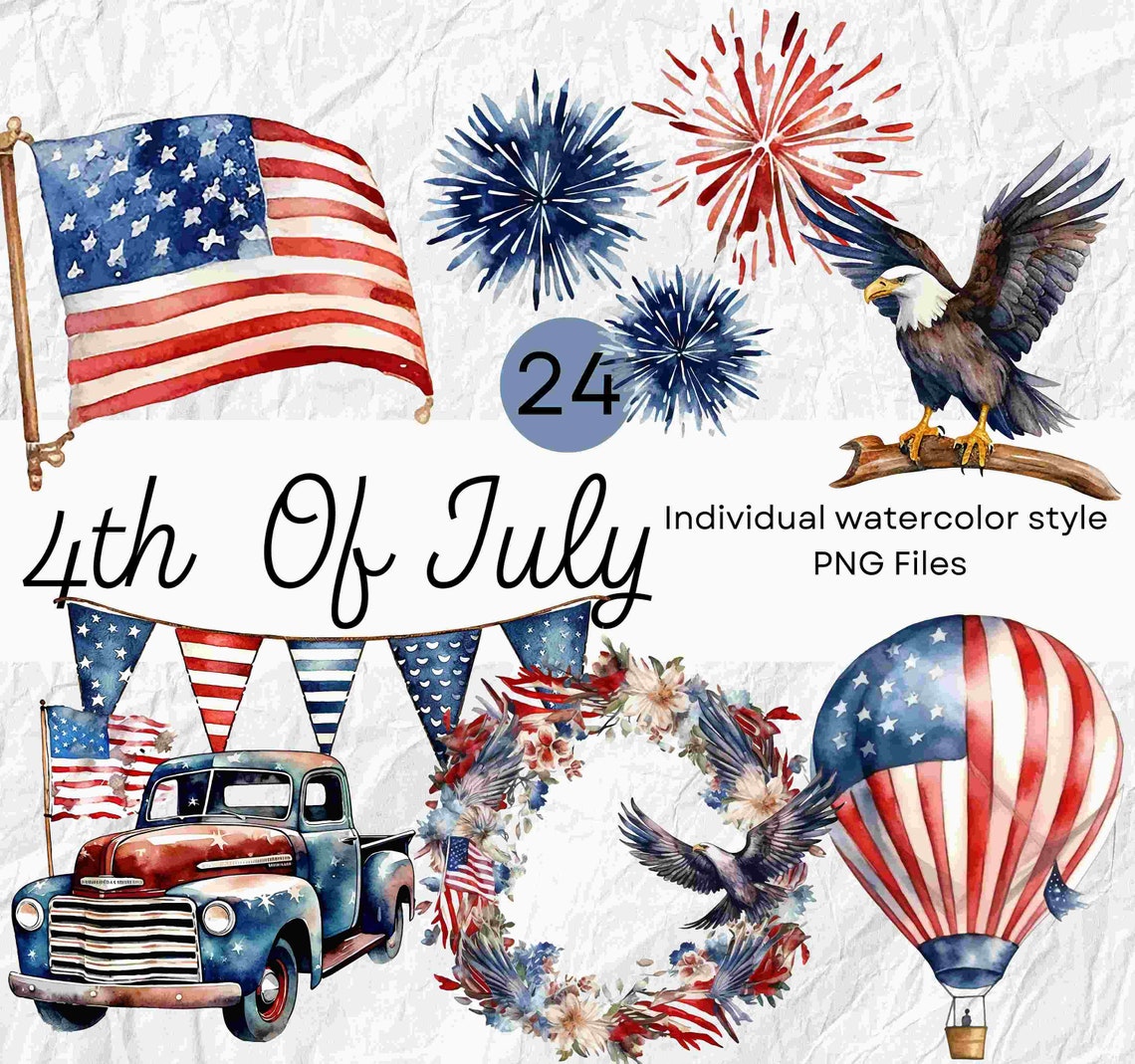 Watercolor 4th of July Clipart,patriotic PNG for Commercial Use POD ...