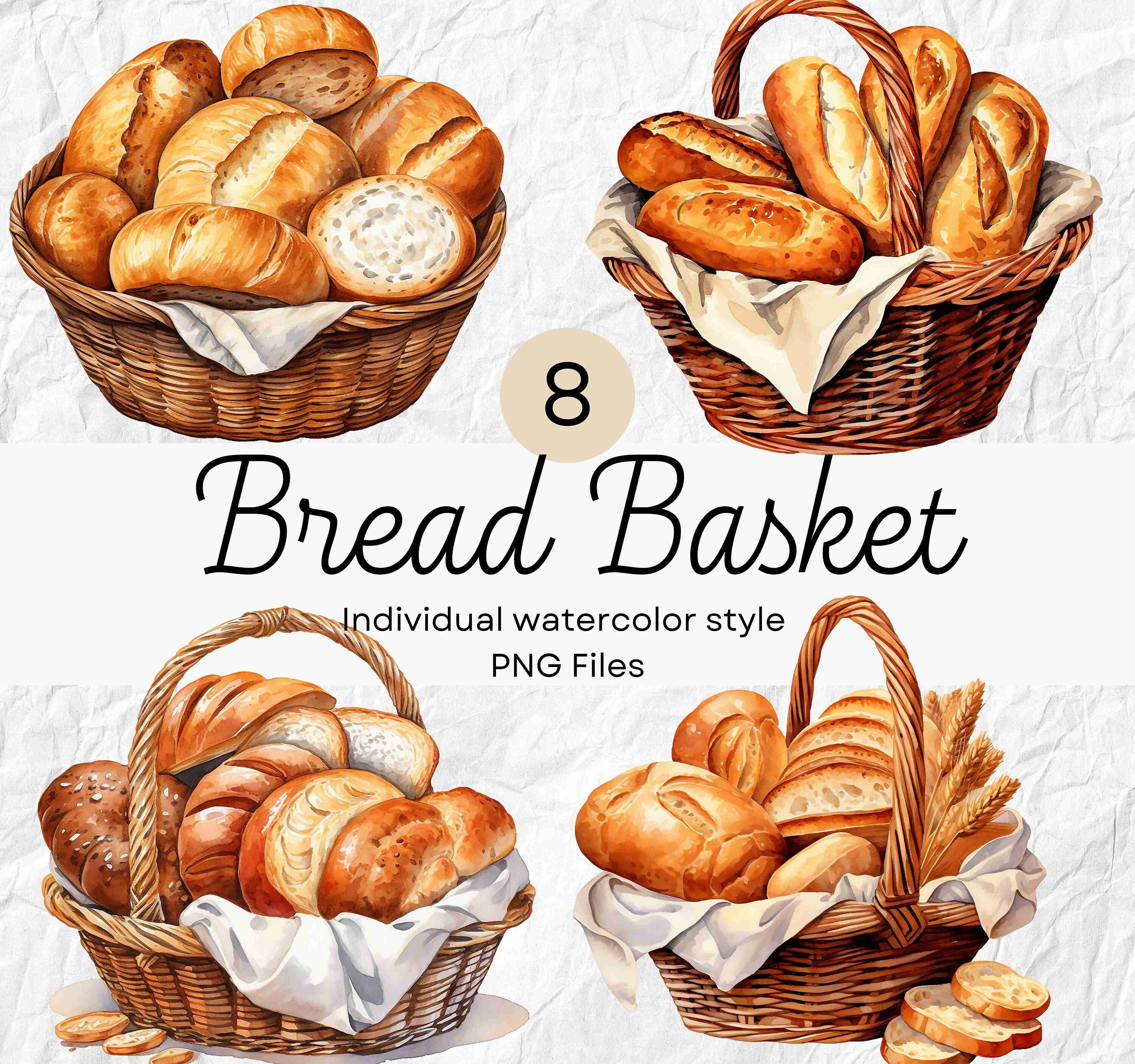 Watercolor Bread Basket Clipart, Bakery PNG for Commercial Use POD ...
