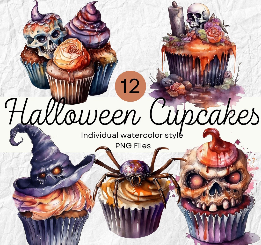 Watercolor Halloween Spooky Cupcakes Clipart, Fall PNG for Commercial ...