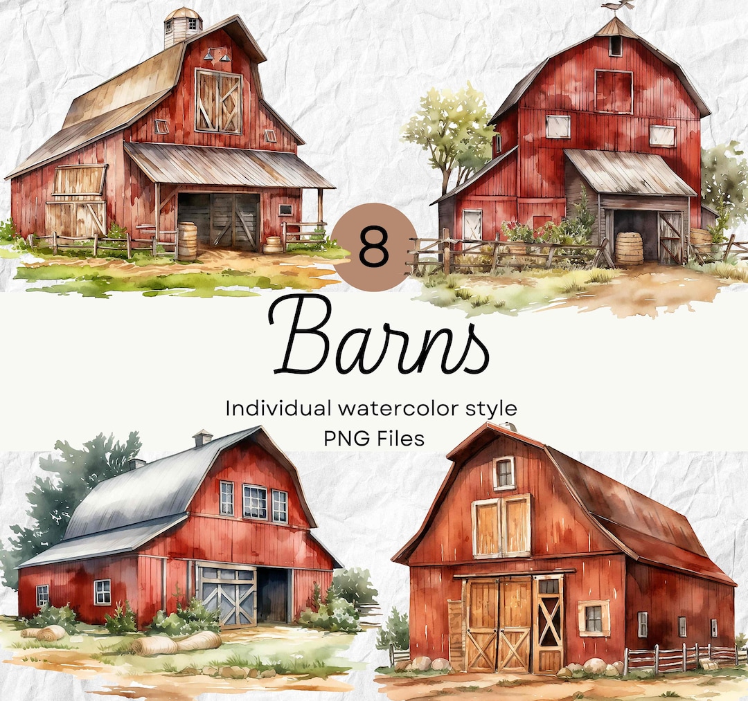 Watercolor Countryside Barn Clipart, Farm PNG for Commercial Use POD ...