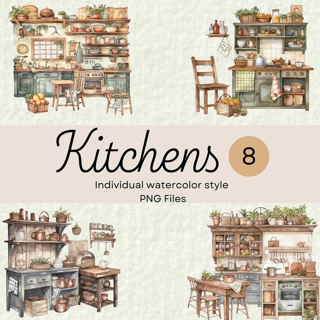 Watercolor Kitchens Clip Arts, Kitchen PNG for Commercial and POD Use ...