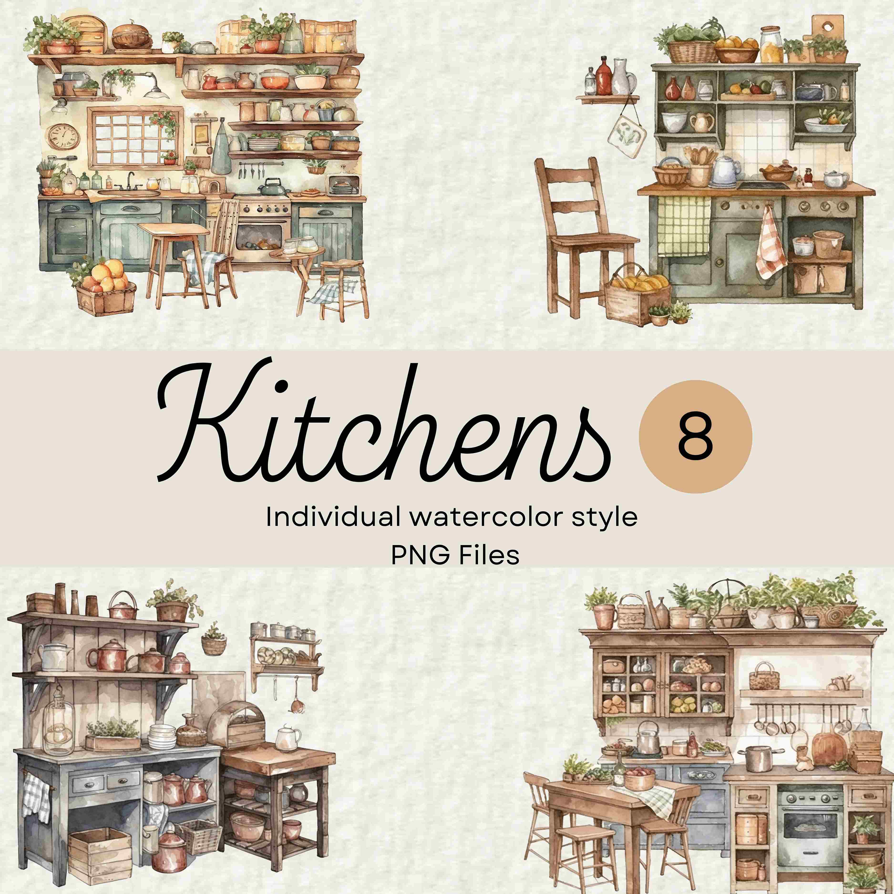 Watercolor Kitchens Clip Arts, Kitchen PNG for Commercial and POD Use ...