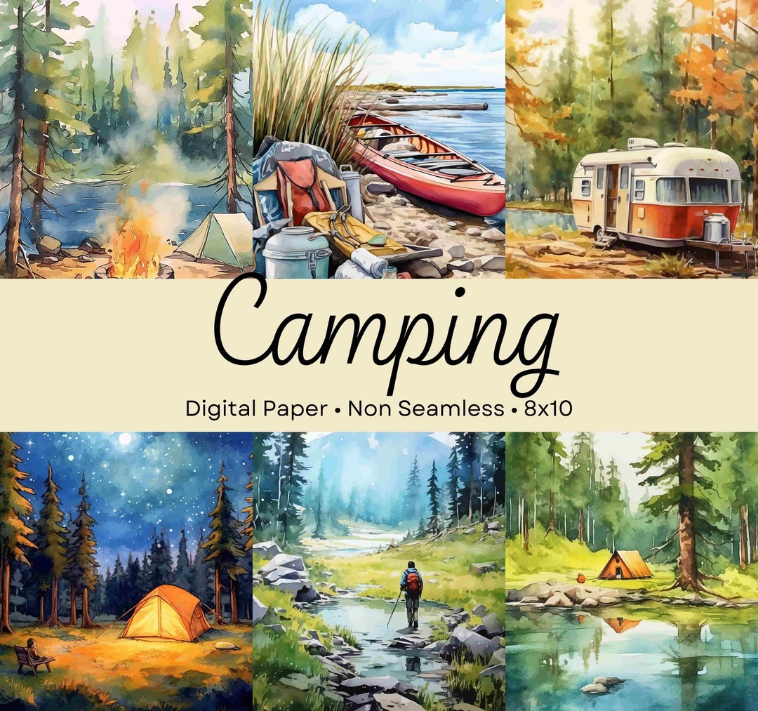 Watercolor Camping Digital Paper for Commercial Use, Digital Paper for ...
