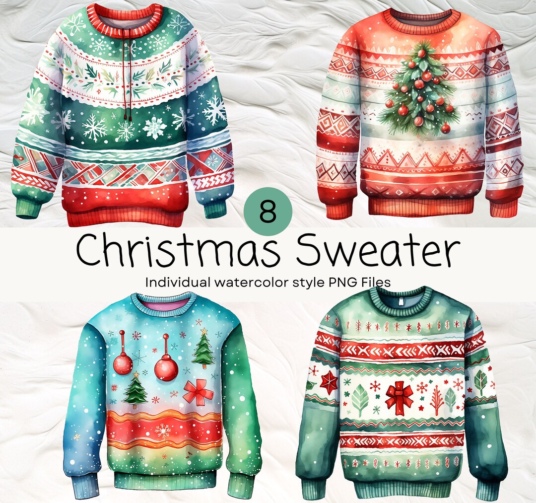 Christmas Sweater Watercolor Clipart, Ugly Xmas Jumper PNG for ...