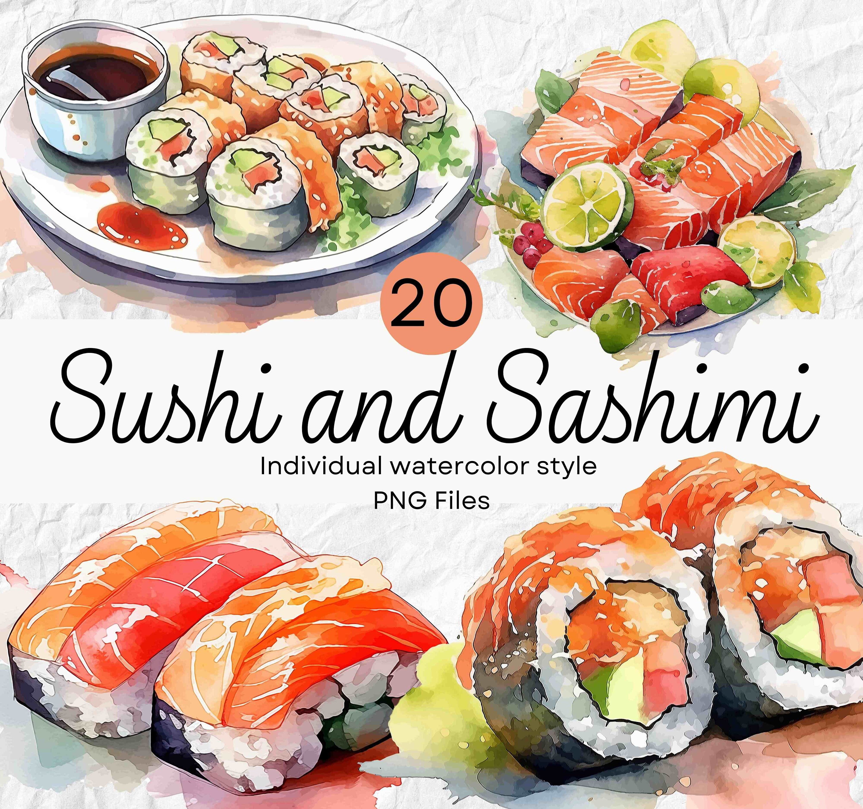 Watercolor Sushi Clipart, Japanese Food PNG for Commercial Use & POD ...