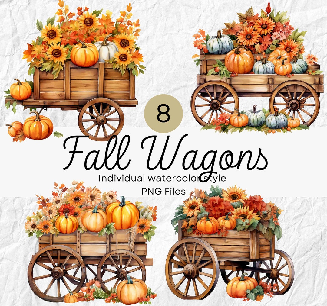 Watercolor Fall Pumpkin Wagon Clipart, Floral Cart PNG for Commercial ...