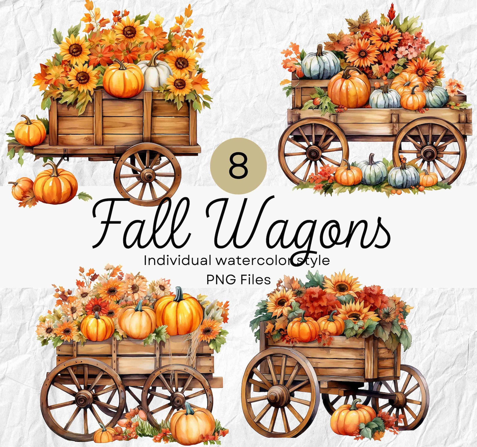 Watercolor Fall Pumpkin Wagon Clipart, Autumn Floral PNG (digital ...