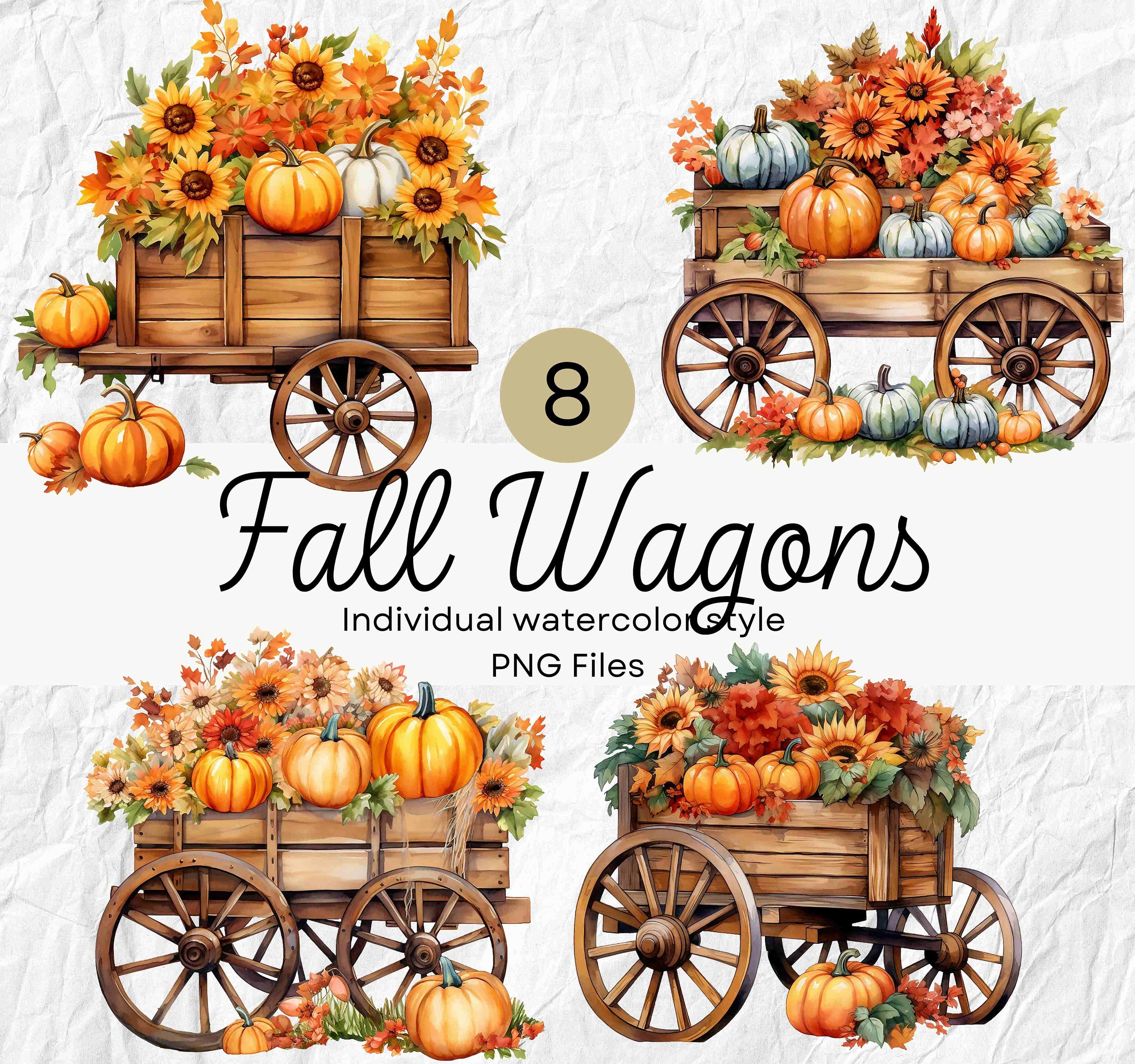 Watercolor Fall Pumpkin Wagon Clipart, Floral Cart PNG for Commercial ...