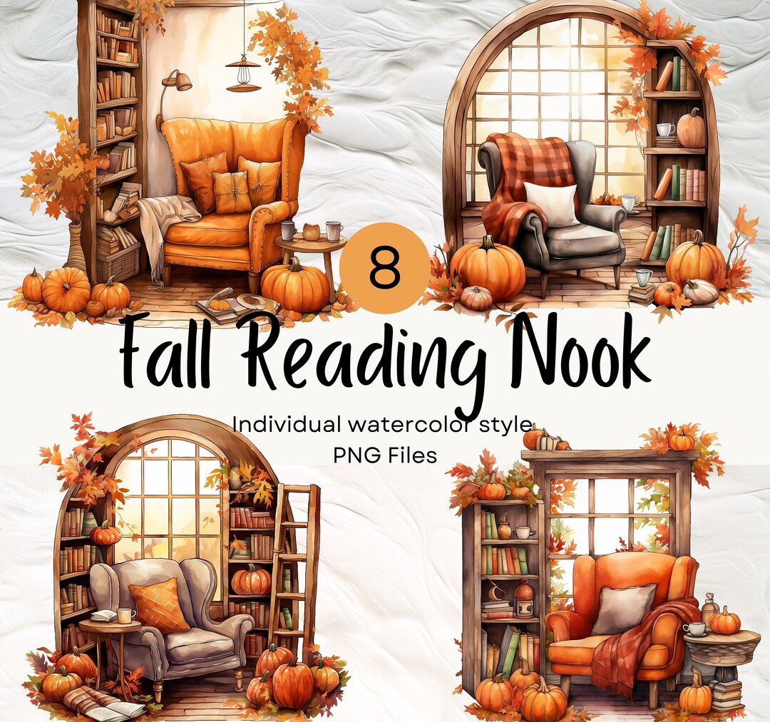 Watercolor Fall Reading Corner Clipart, Book Nook PNG for Commercial ...