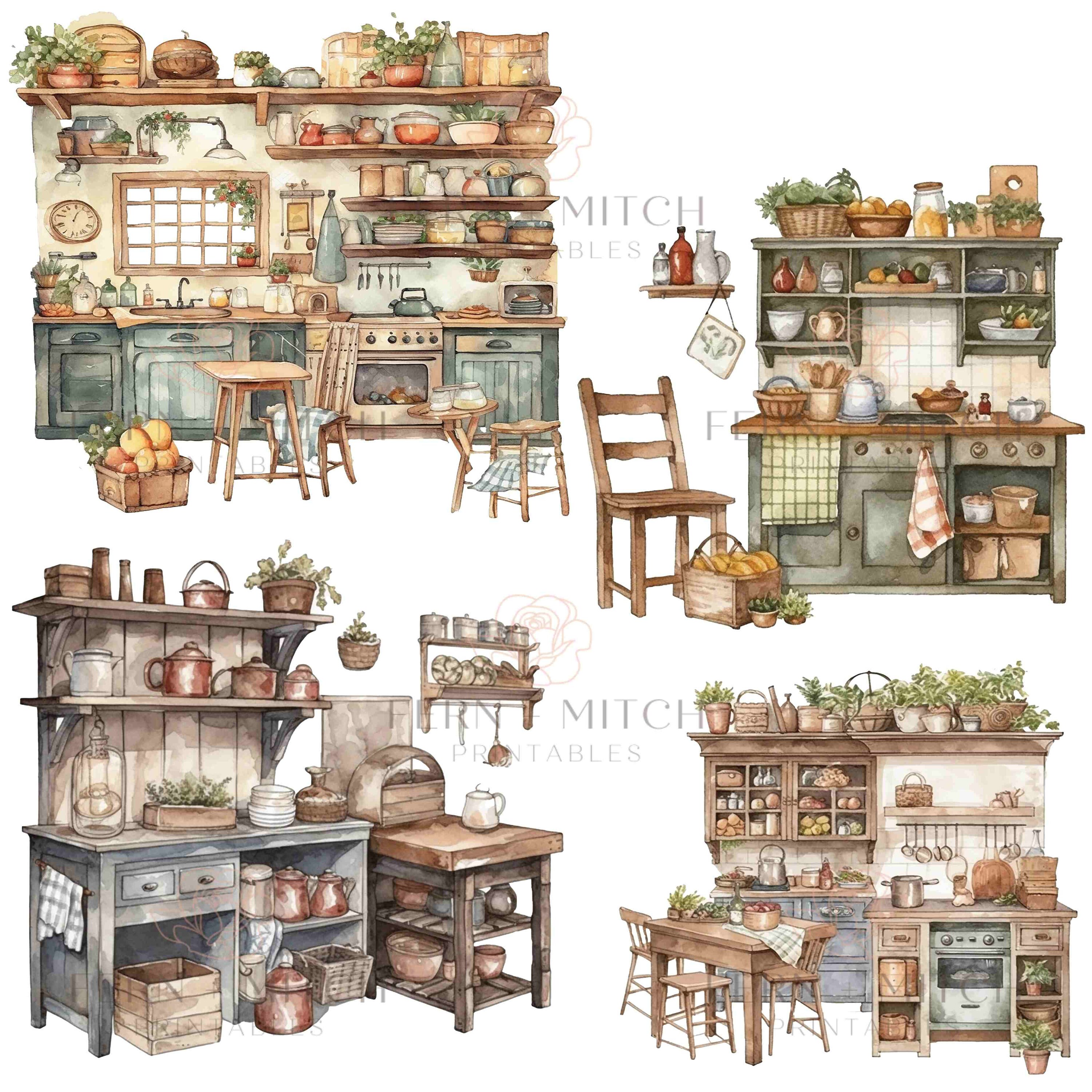 Watercolor Kitchens Clip Arts, Kitchen PNG for Commercial and POD Use ...