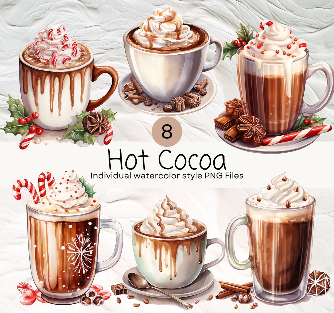 Watercolor Hot Cocoa Clipart, Hot Chocolate PNG for Commercial Use POD ...