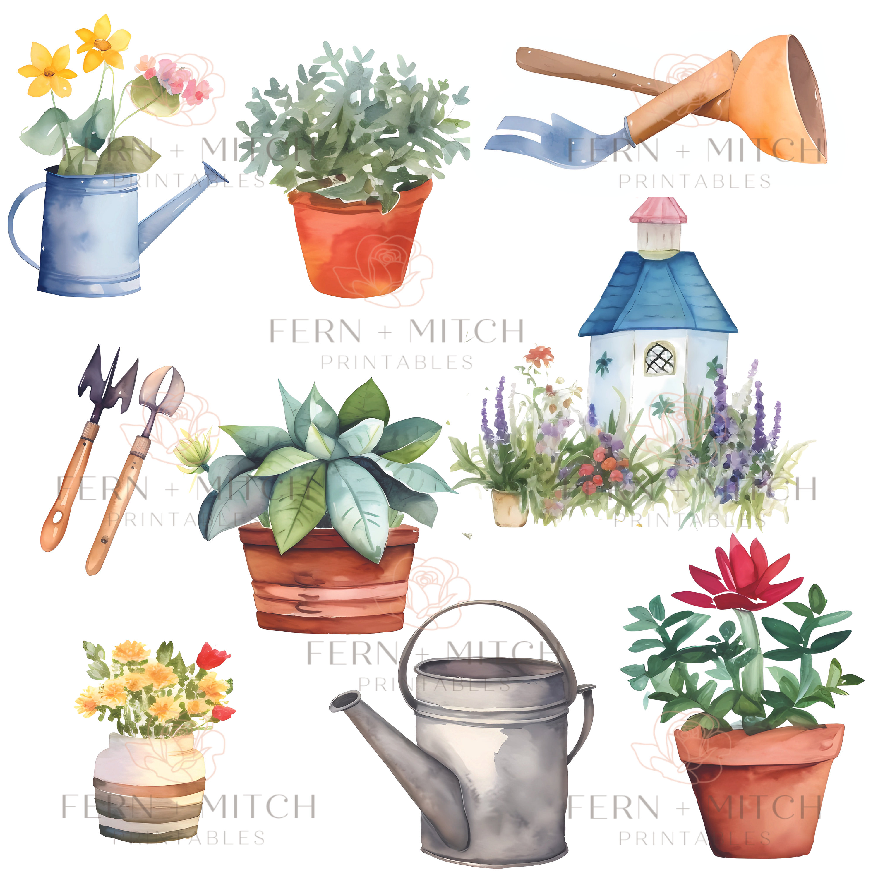 20 Watercolor Garden Clipart, PNG for Commercial POD, Spring Summer ...