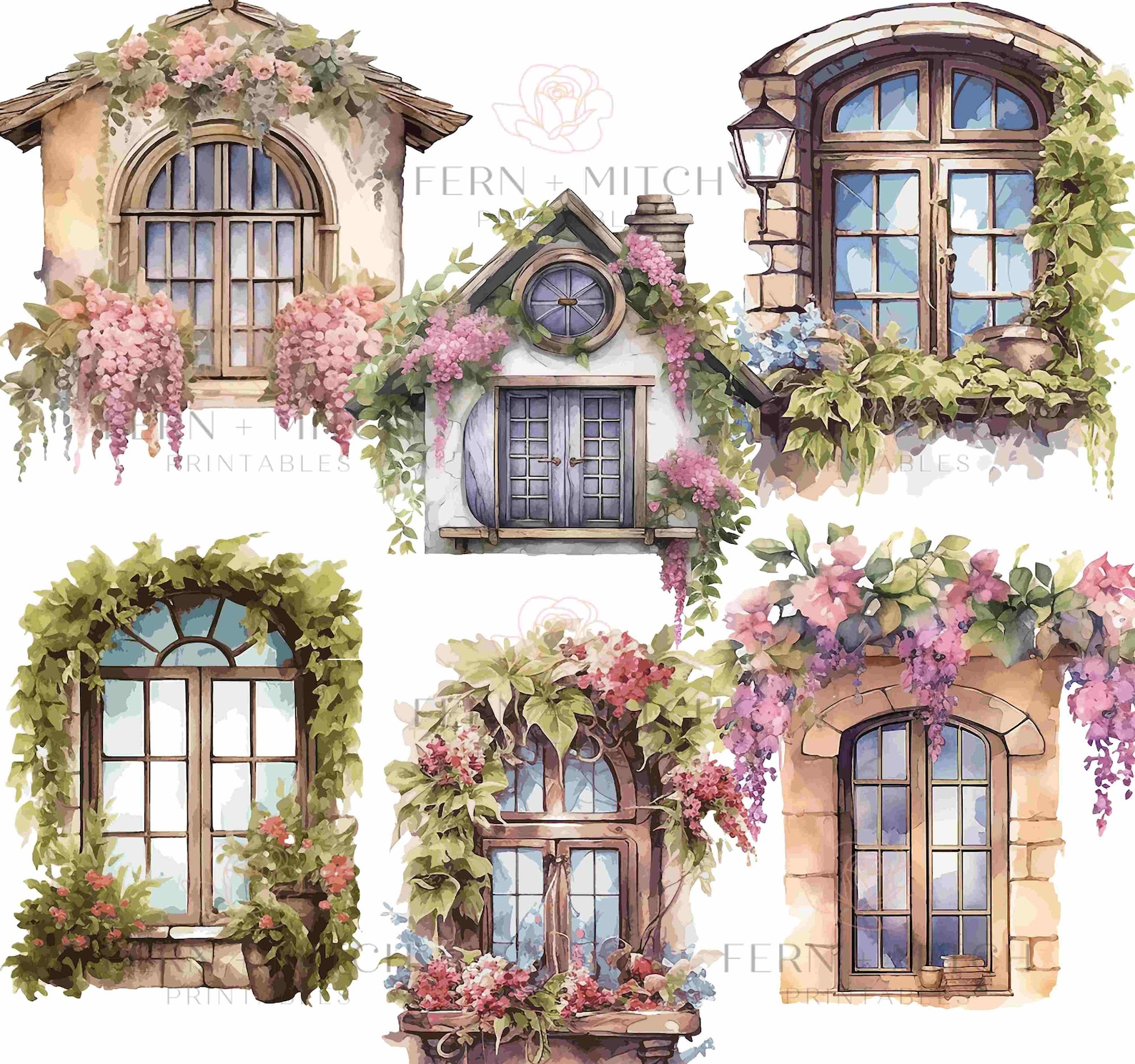 Watercolor Cottage Window Clipart, Floral Summer PNG (digital Download ...