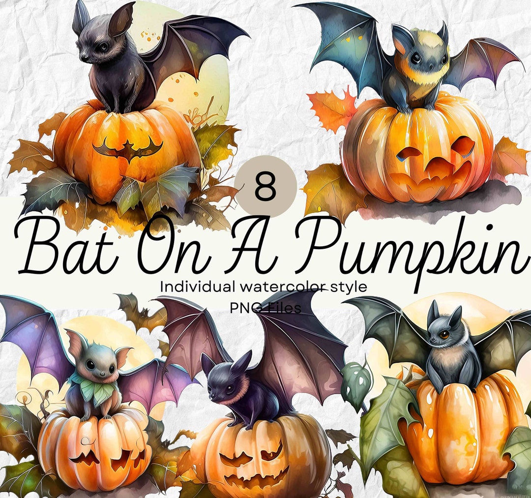 Watercolor Halloween Bat on A Pumpkin Clipart, Fall PNG for Commercial ...