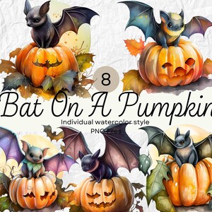 Watercolor Halloween Bat on A Pumpkin Clipart, Fall PNG for Commercial ...