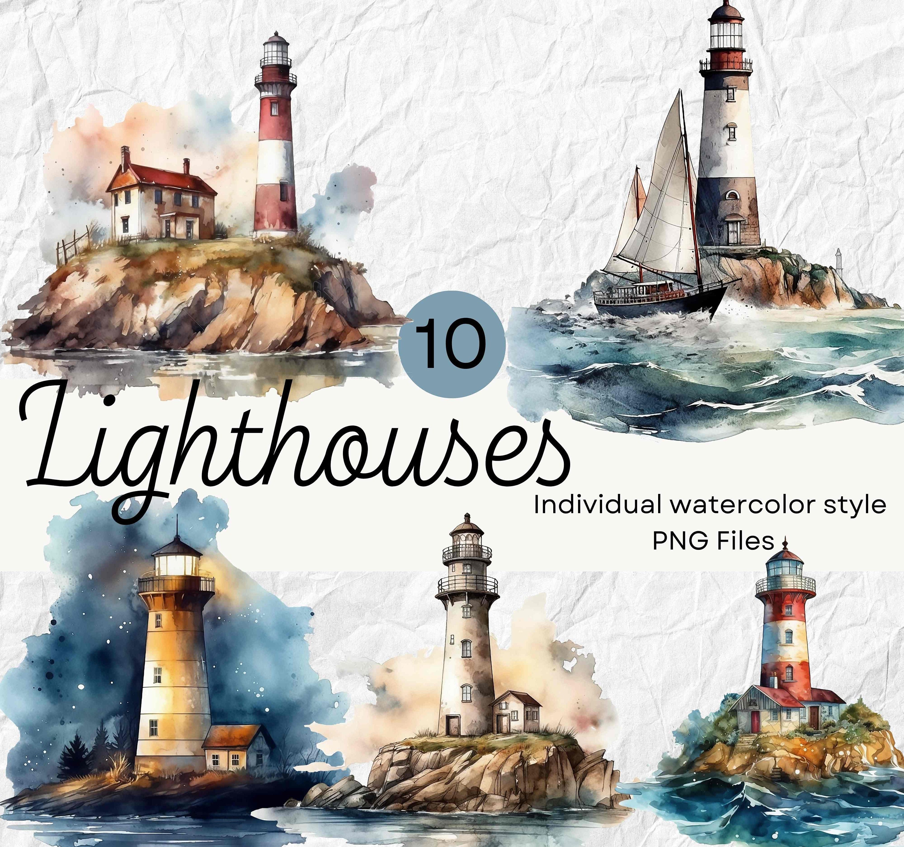 Watercolor Lighthouse Clipart, Ocean PNG for Commercial Use POD, Sea ...