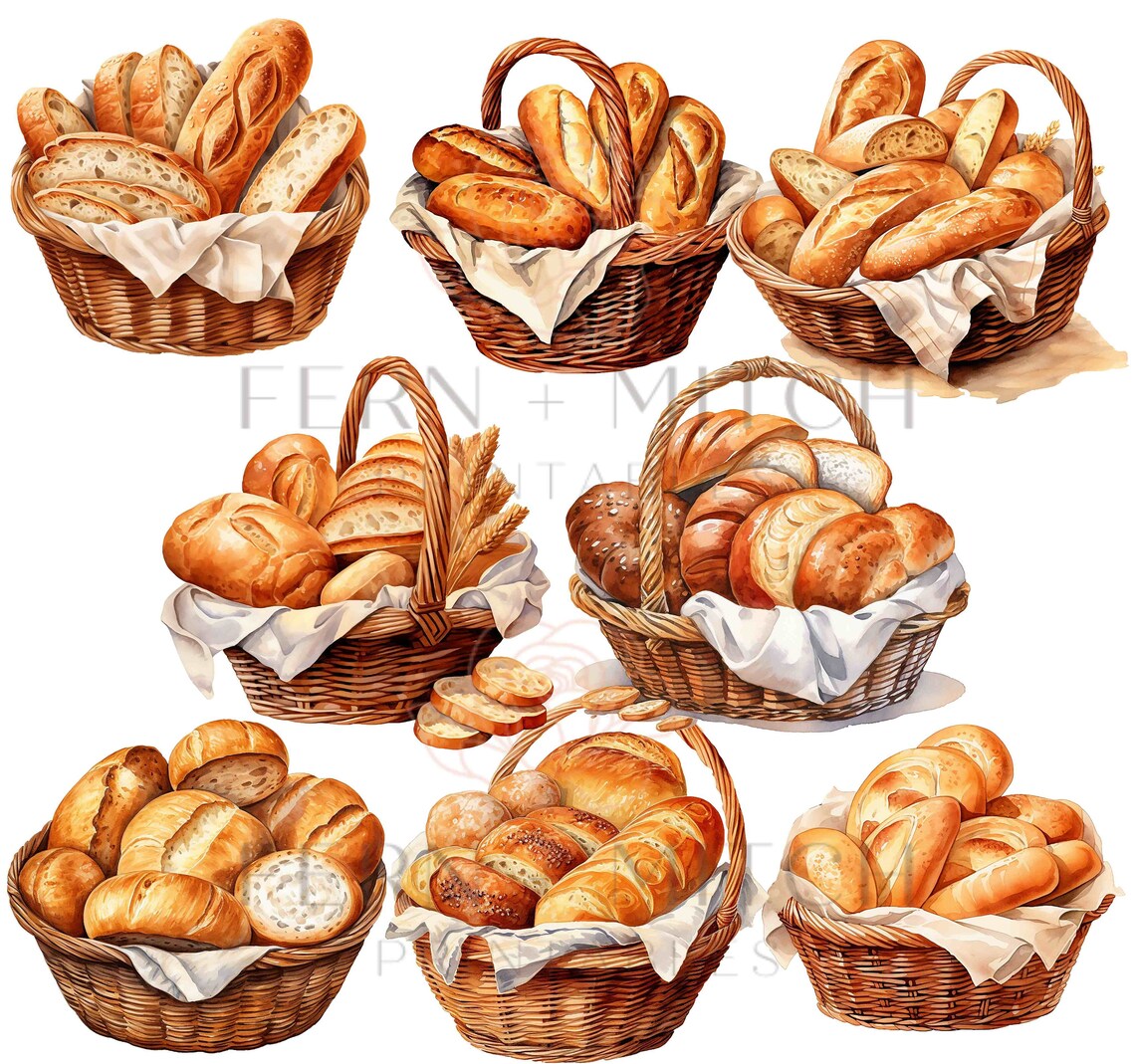 Watercolor Bread Basket Clipart, Bakery PNG (digital Download) - Etsy