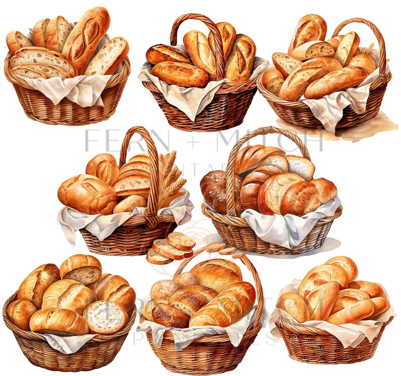 Watercolor Bread Basket Clipart, Bakery PNG for Commercial Use POD ...