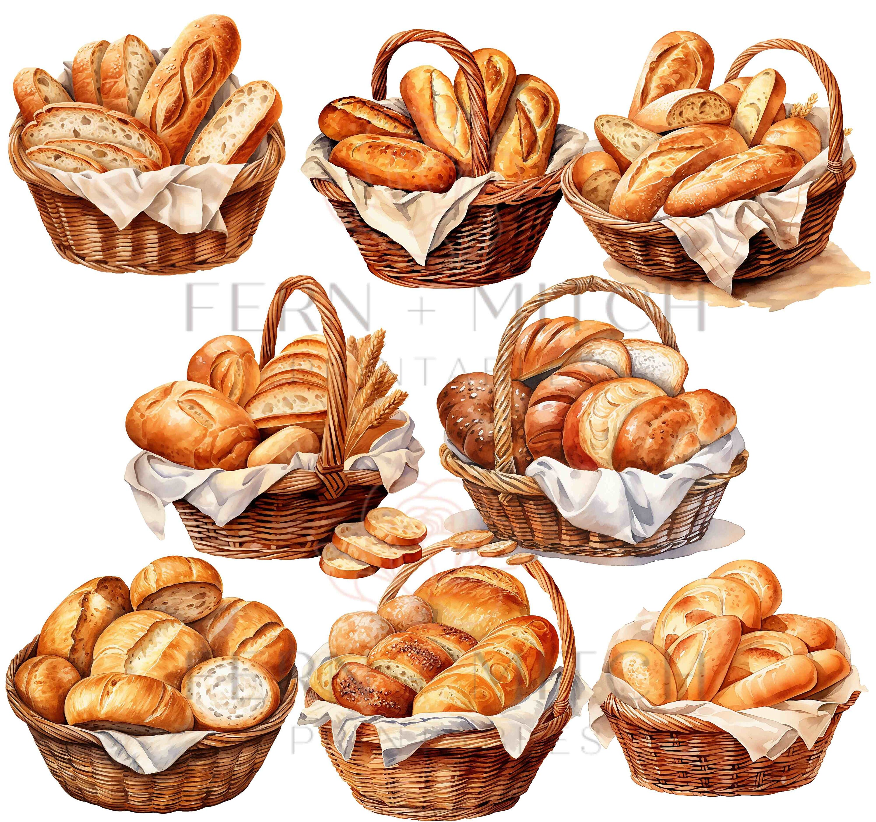 Watercolor Bread Basket Clipart, Bakery PNG for Commercial Use POD ...