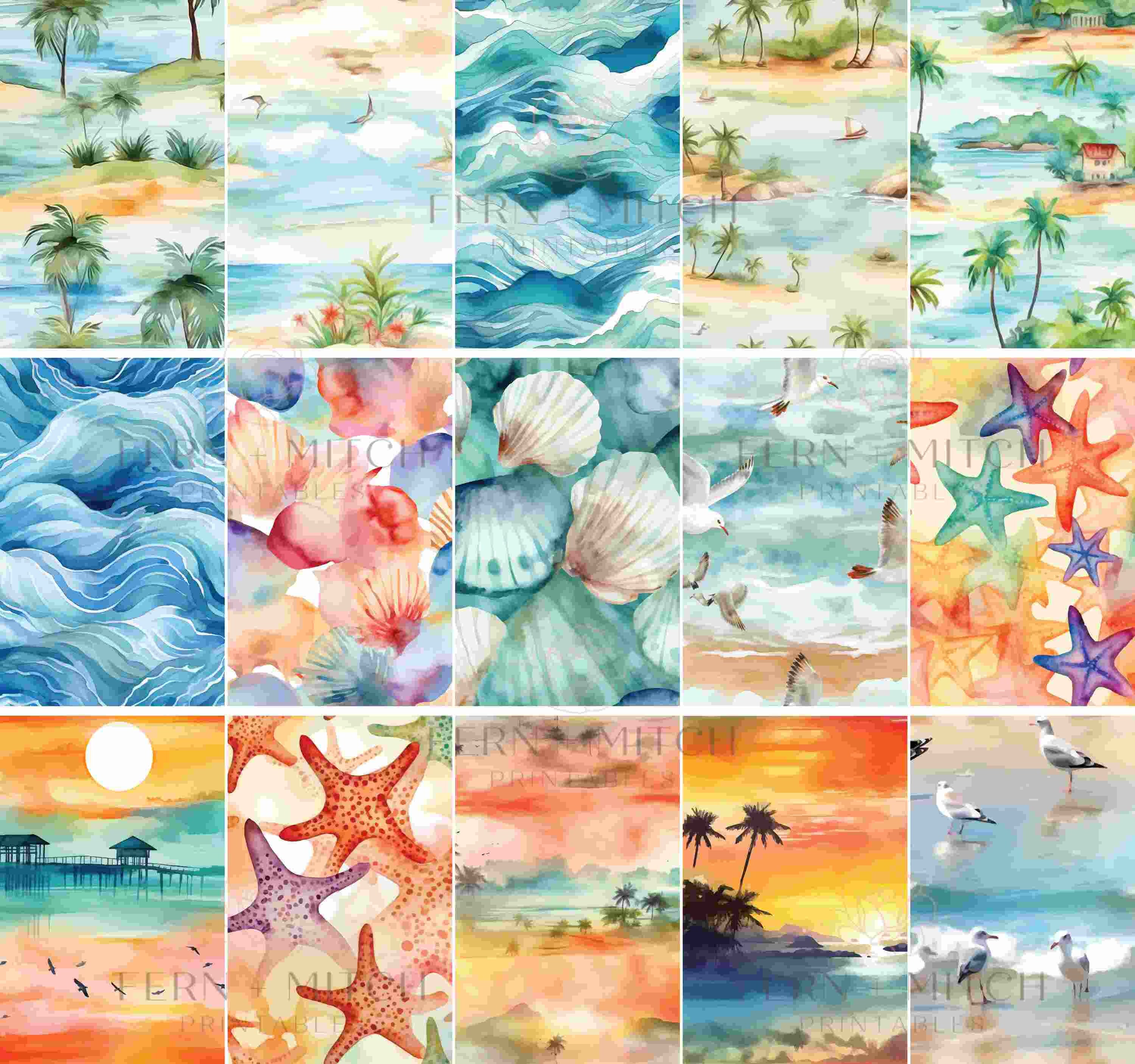 Watercolor Beach Seamless Patterns, Digital Patterns for Commercial Use ...