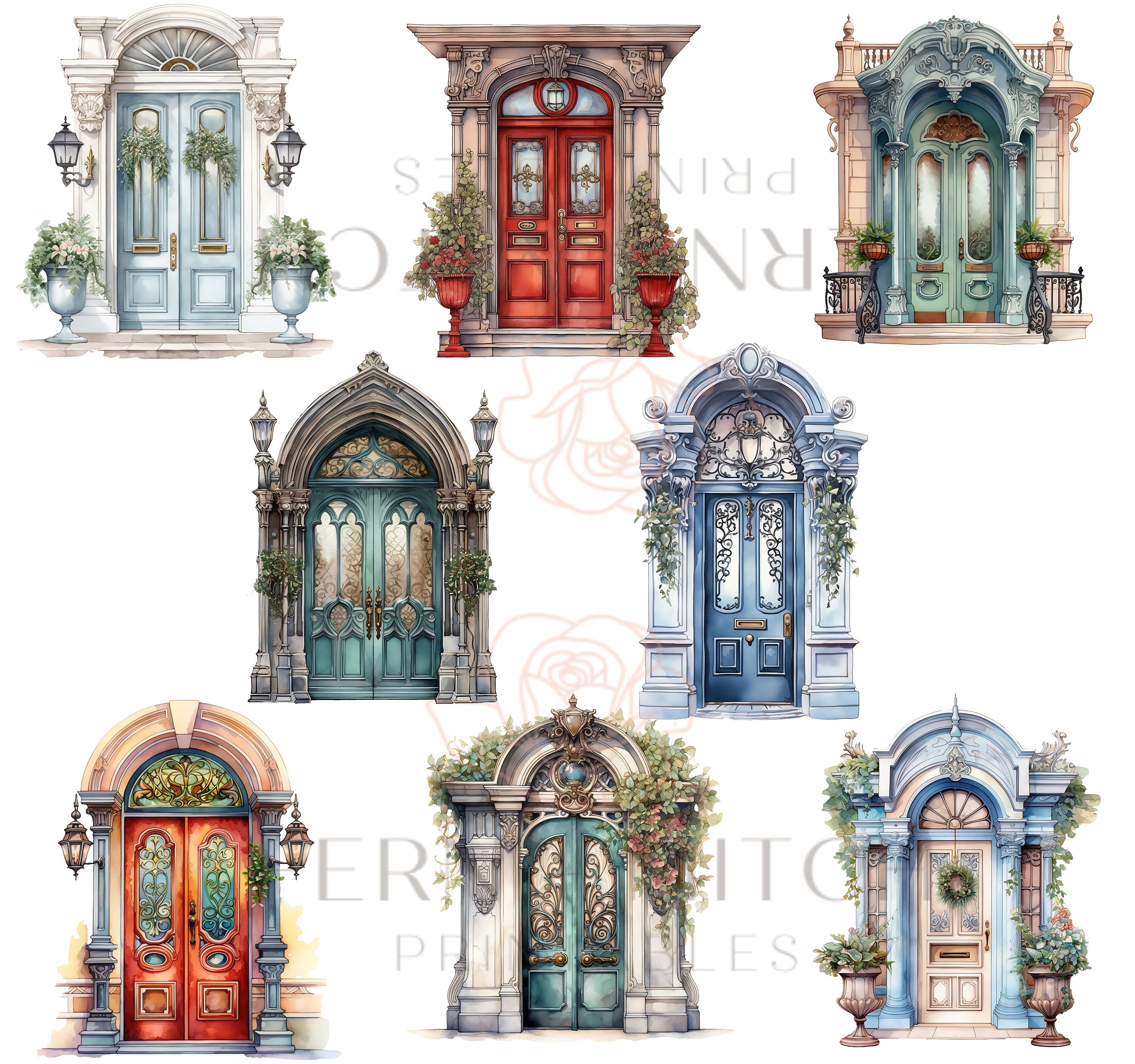 Watercolor Entryway Clipart, Victorian Door PNG for Commercial Use POD ...