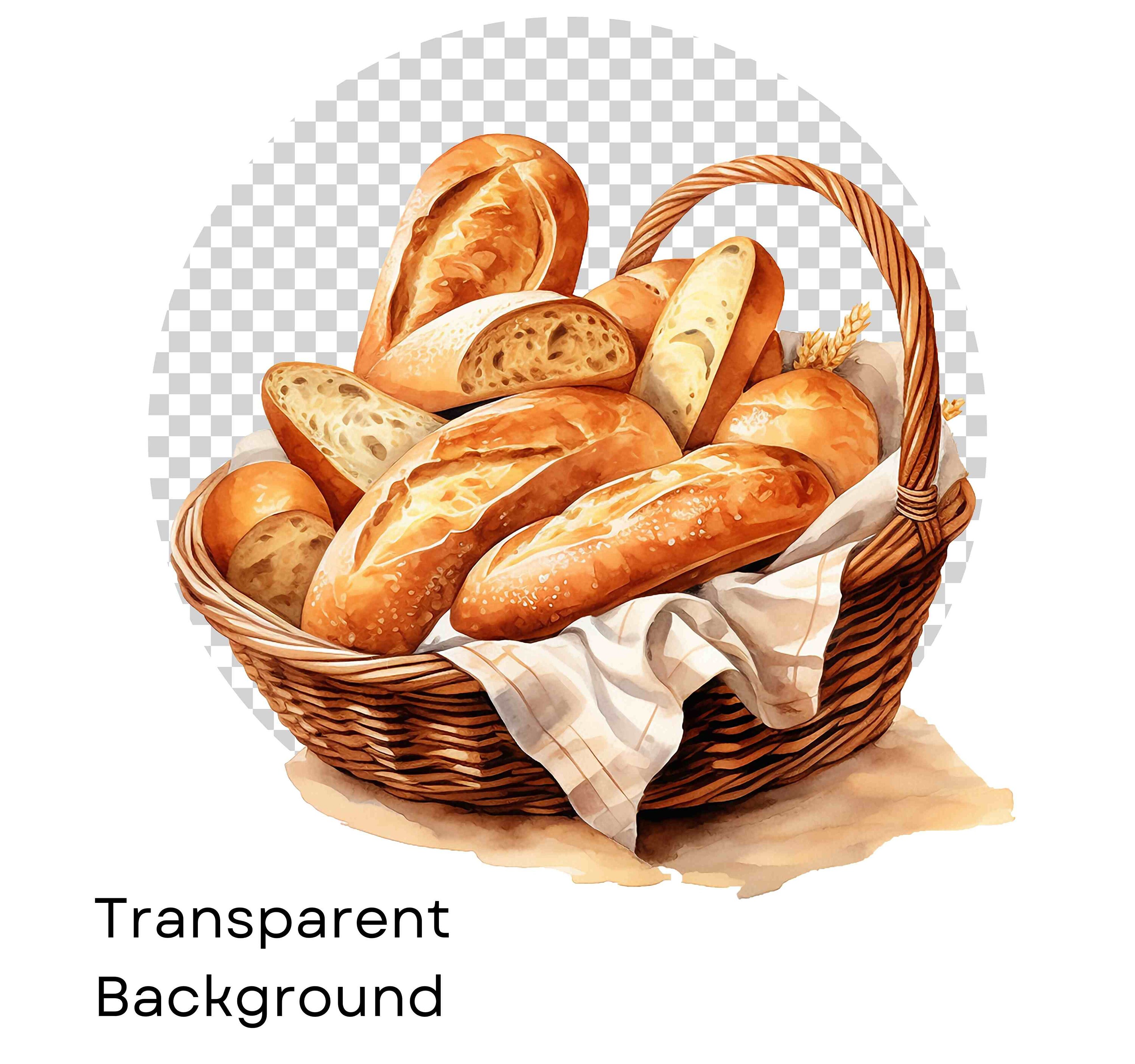 Watercolor Bread Basket Clipart, Bakery PNG for Commercial Use POD ...