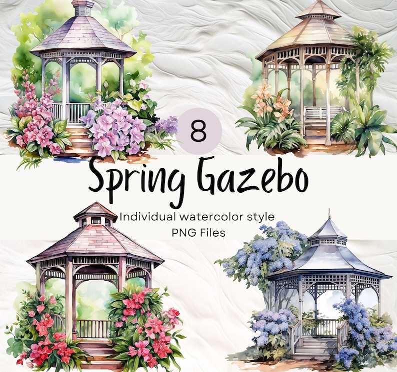 Watercolor Spring Garden Gazebo Clipart, Pergola PNG for Commercial Use ...