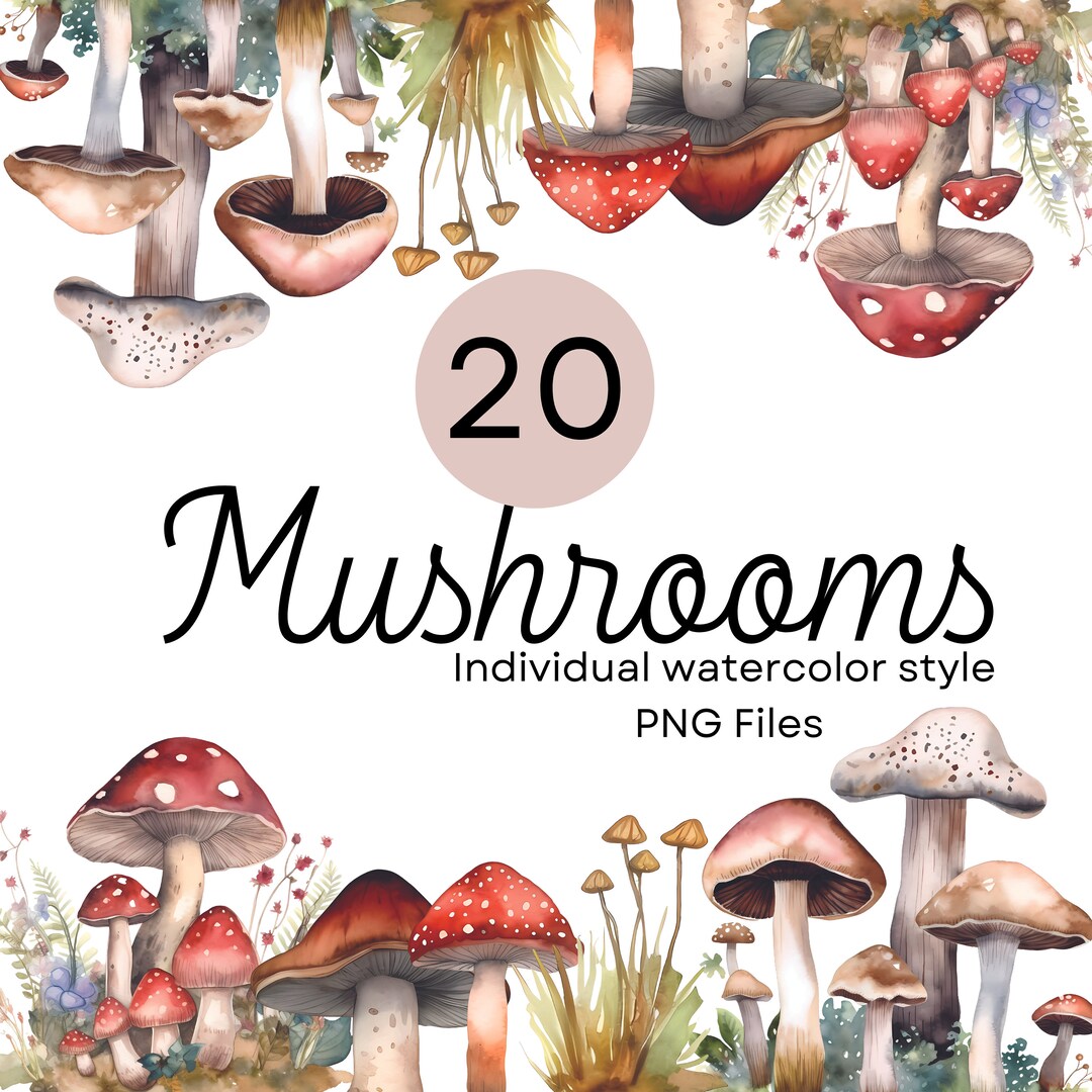 20 Watercolor Mushroom Clipart, PNG for Commercial Use, Spring Summer ...