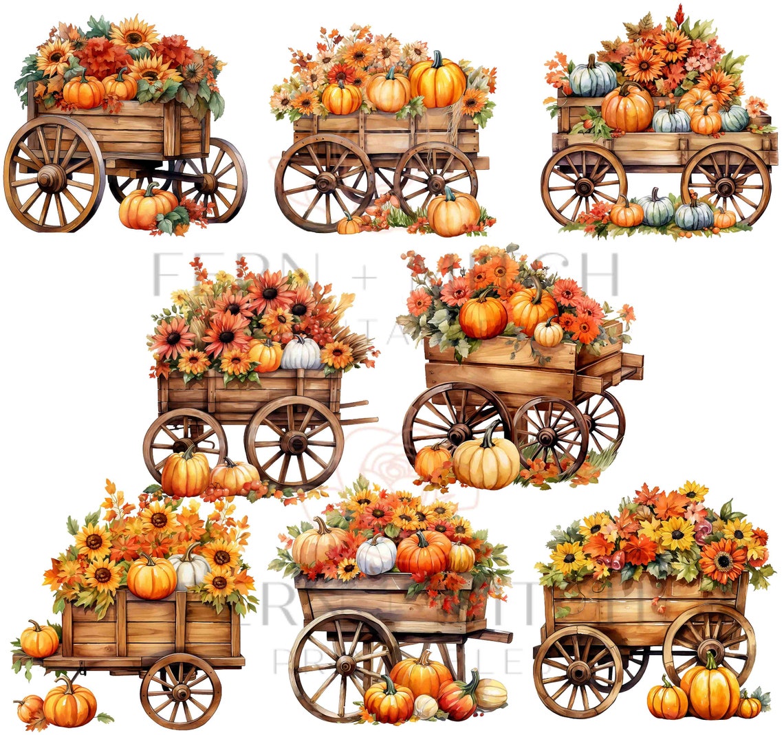 Watercolor Fall Pumpkin Wagon Clipart, Autumn Floral PNG (digital ...