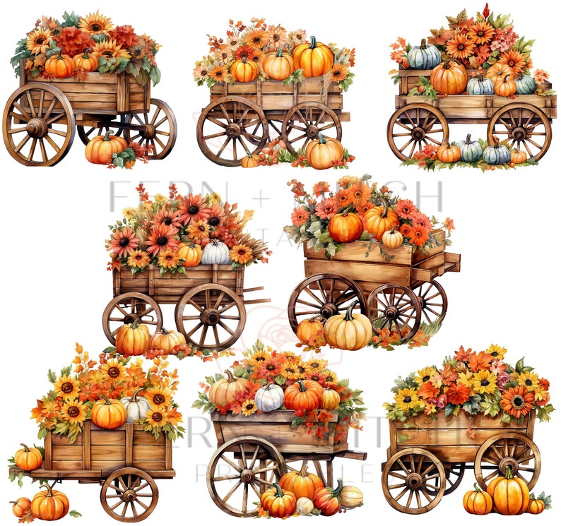 Watercolor Fall Pumpkin Wagon Clipart, Autumn Floral PNG (digital ...