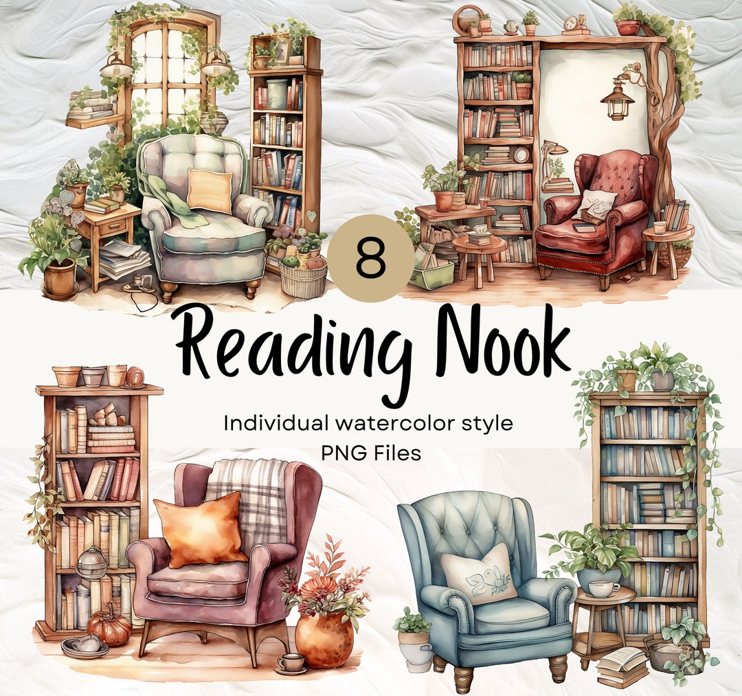 Watercolor Reading Corner Clipart, Book Nook PNG for Commercial Use POD ...