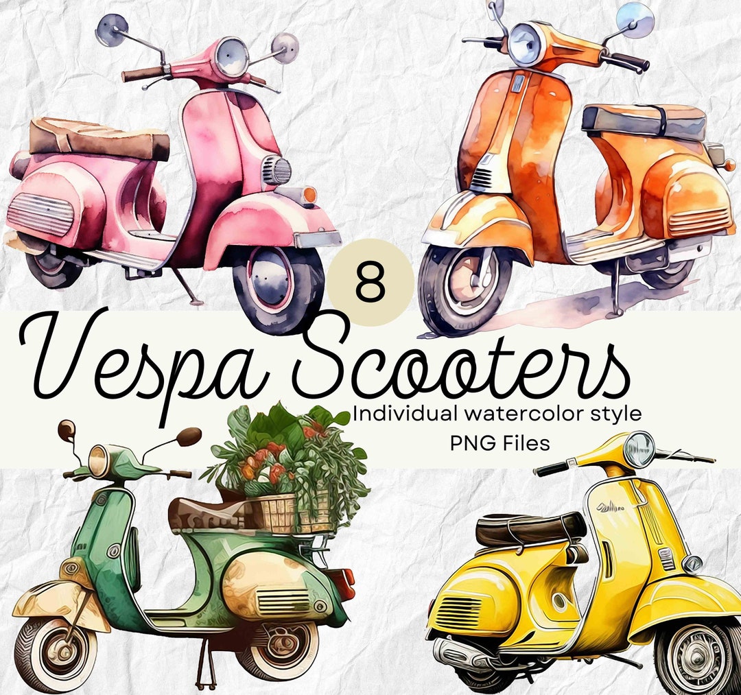 Watercolor Vespa Clipart, Moped PNG for Commercial Use POD, Vintage ...