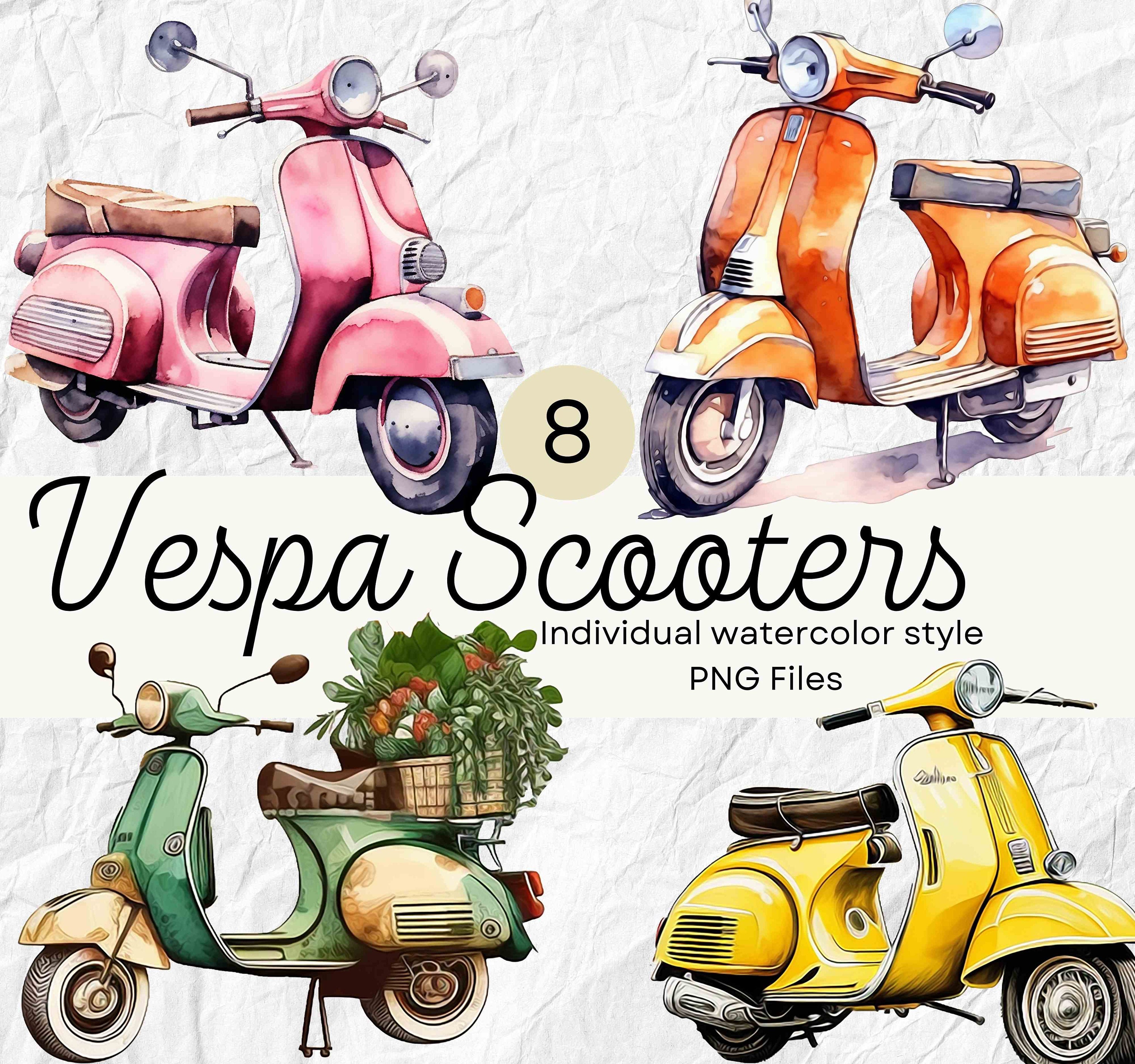 Watercolor Vespa Clipart, Moped PNG for Commercial Use POD, Vintage ...