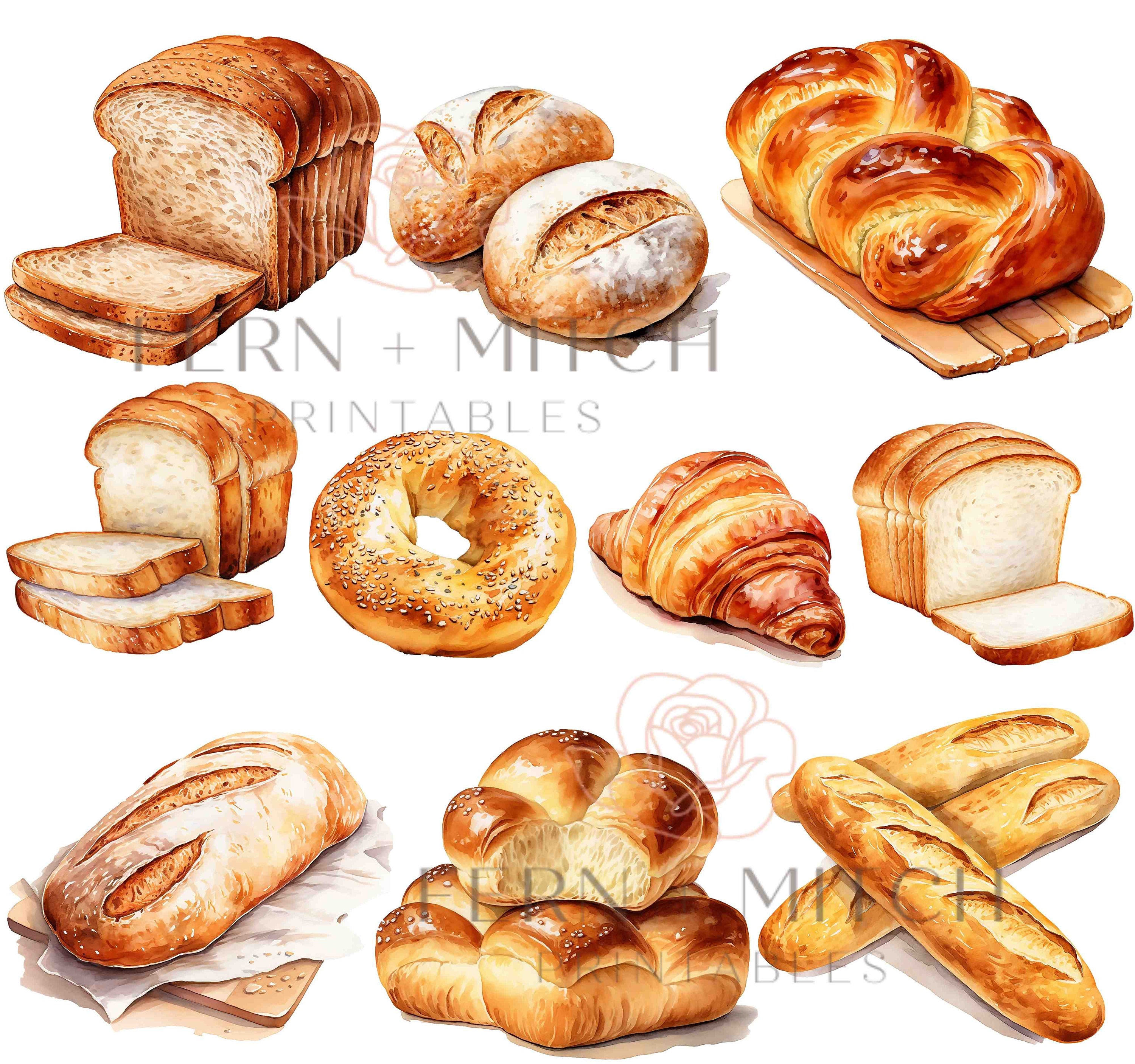 Watercolor Bread Clipart, Bakery PNG for Commercial Use POD, Baked ...
