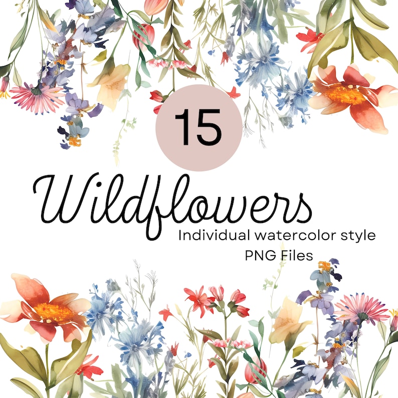 15 Watercolor Wildflower Clipart, Botanical Floral PNG for Commercial ...