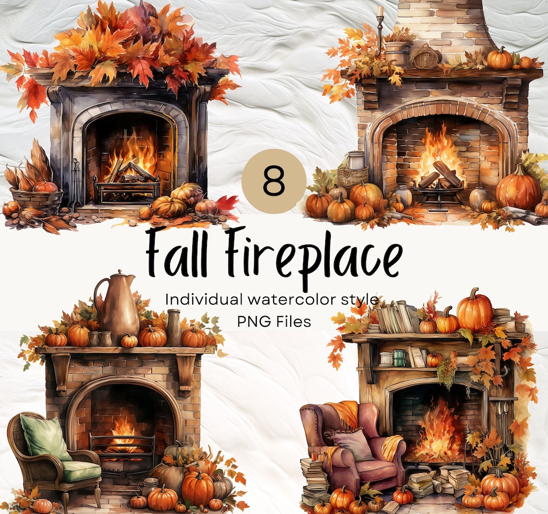 Watercolor Fall Fireplace Clipart, Hearth PNG for Commercial Use POD ...