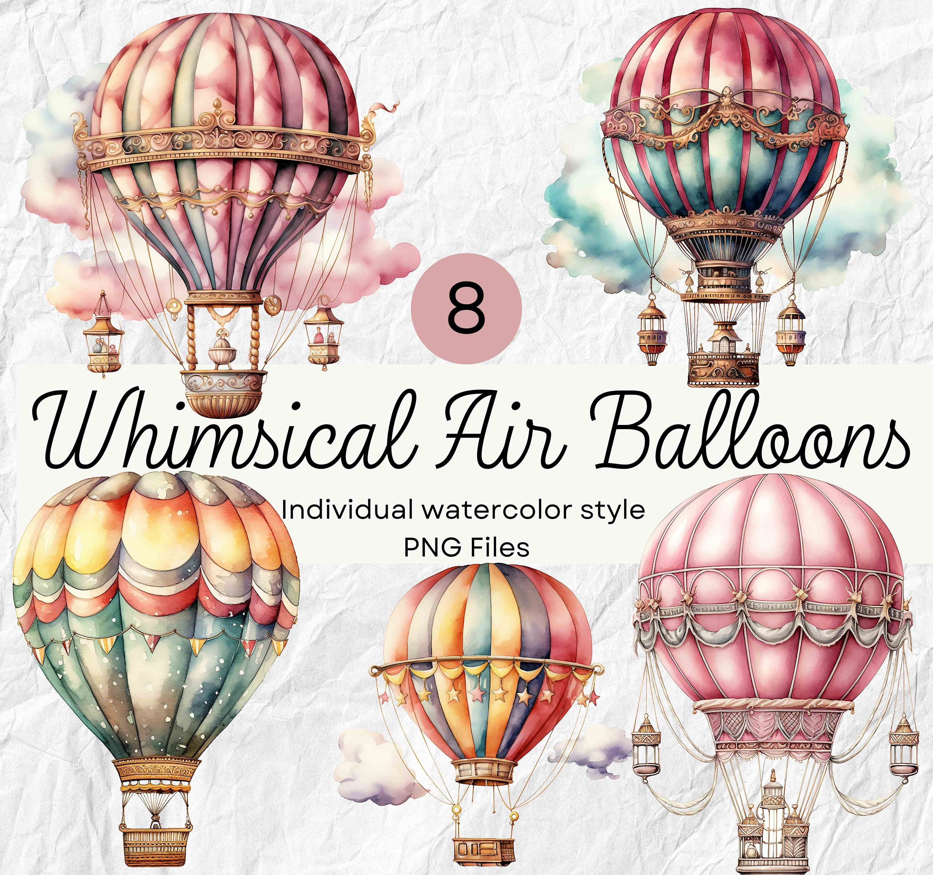 Watercolor Whimsical Hot Air Balloons Clipart, PNG for Commercial Use ...