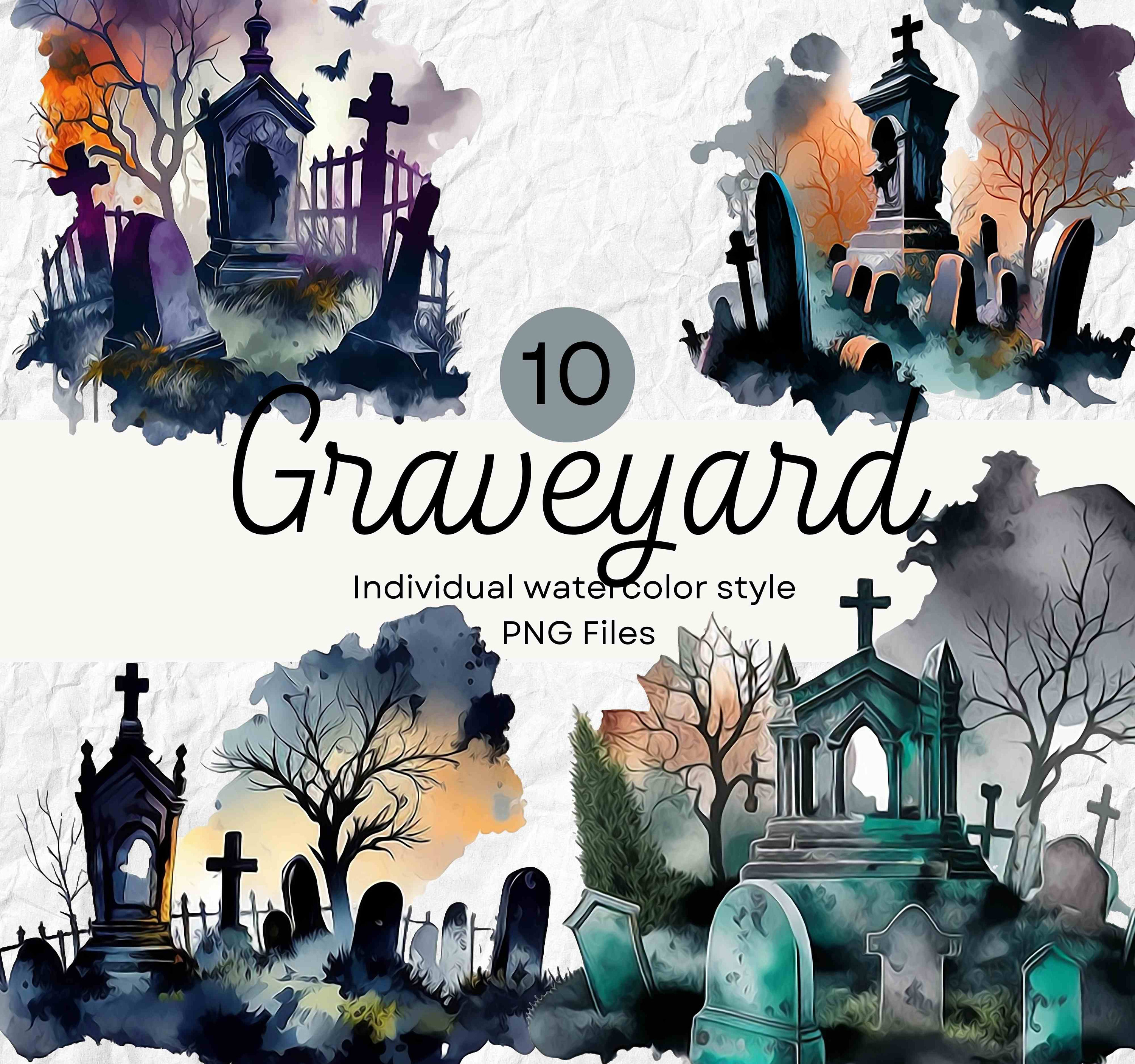 Watercolor Halloween Graveyard Clipart, Fall PNG for Commercial Use POD ...