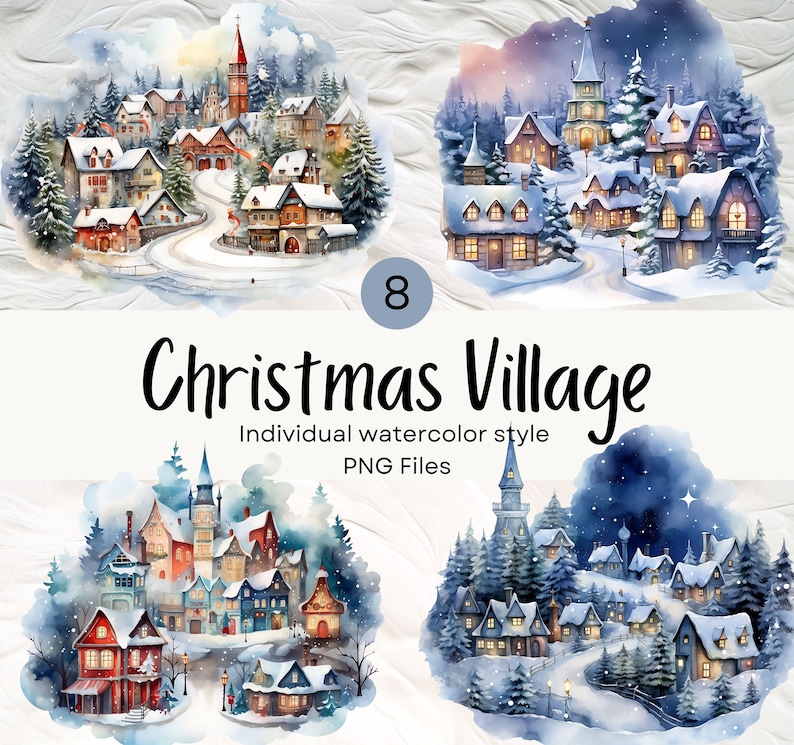 Watercolor Christmas Village Clipart, Winter Town PNG (digital Download ...