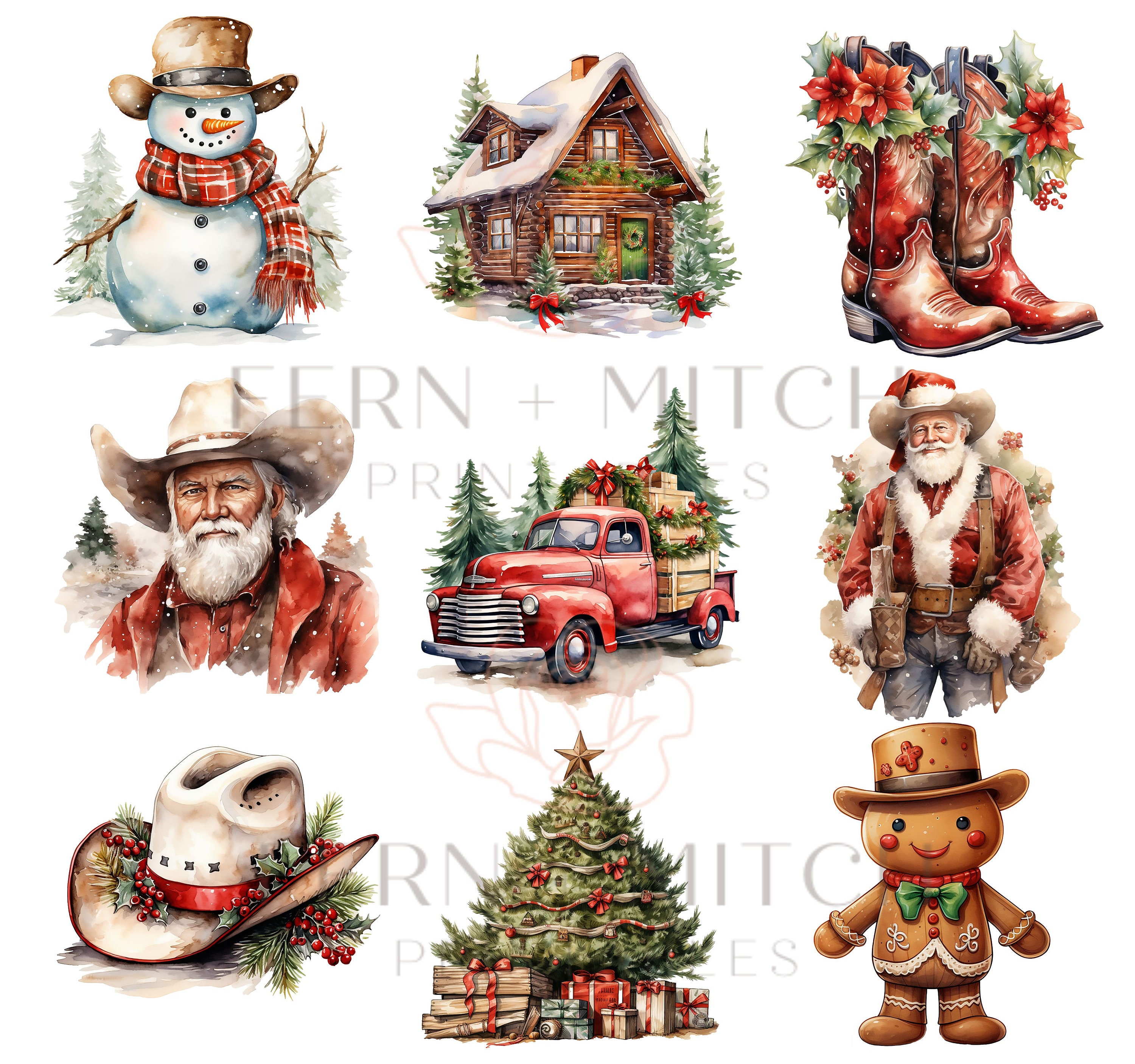 Watercolor Cowboy Christmas Bundle Clipart, Western PNG for Commercial ...
