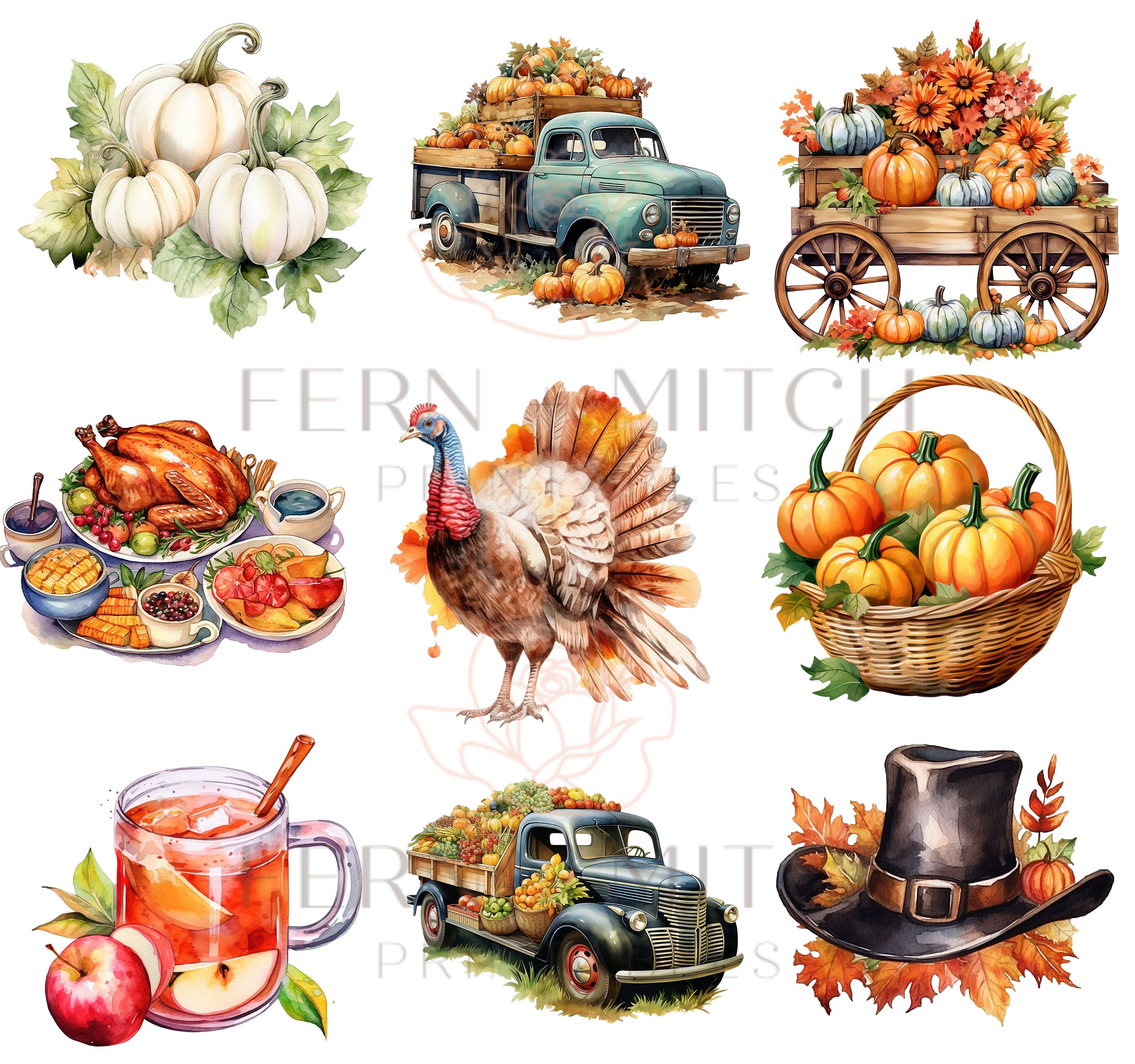 Watercolor Thanksgiving Clipart, Autumn Harvest PNG for Commercial Use ...