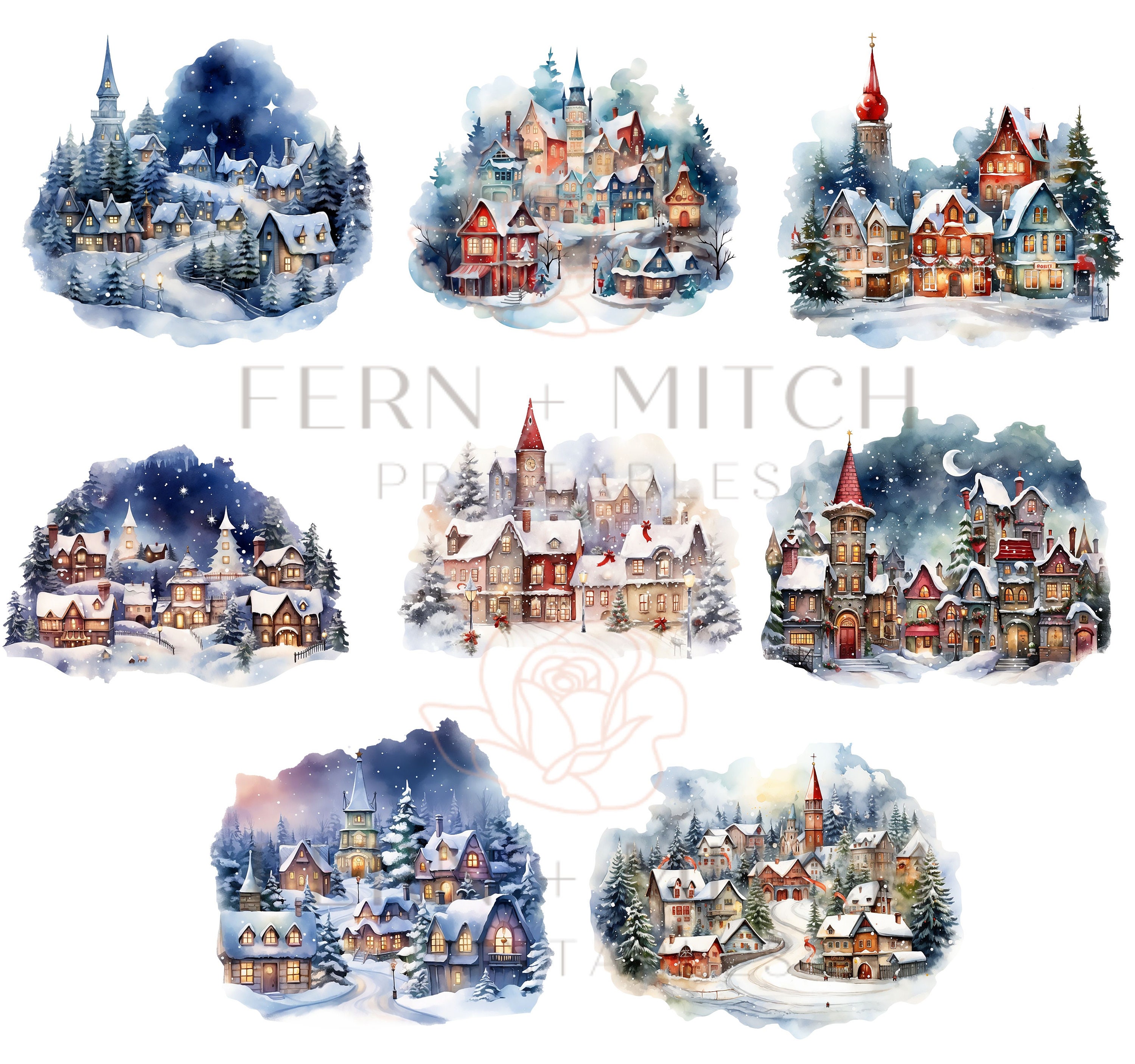Watercolor Christmas Village Clipart, Winter Town PNG (digital Download ...