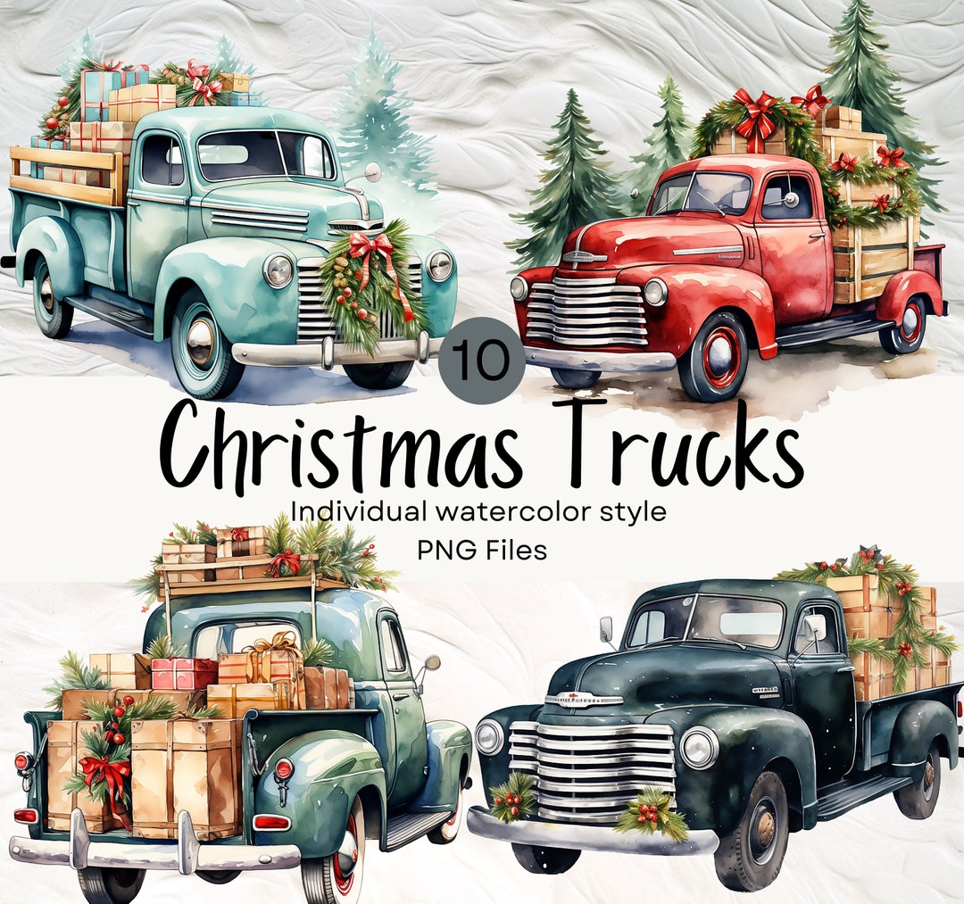 Watercolor Vintage Christmas Truck Clipart, Holiday PNG for Commercial ...
