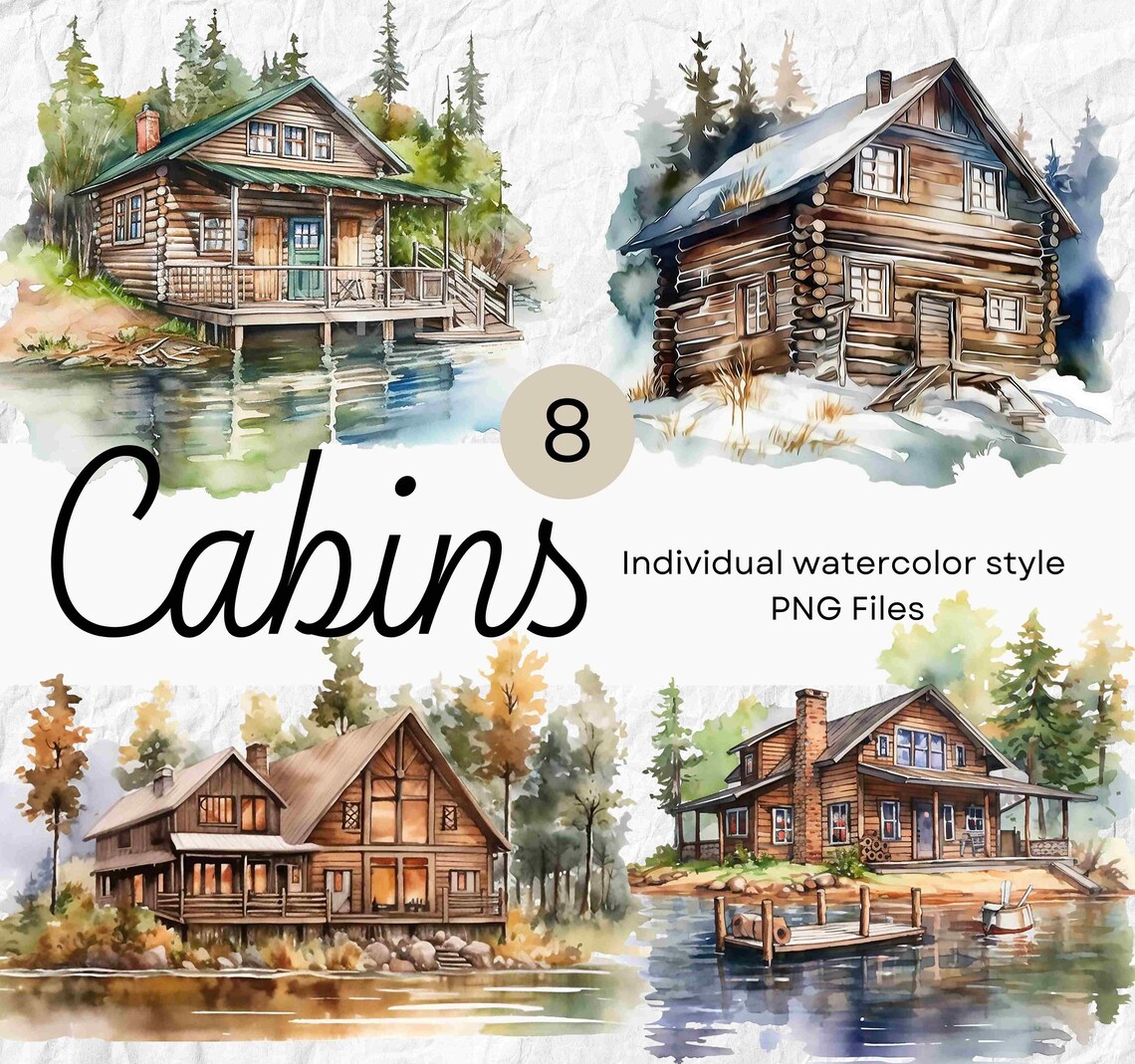 Watercolor Log Cabin Clipart Camping PNG for Commercial Use - Etsy