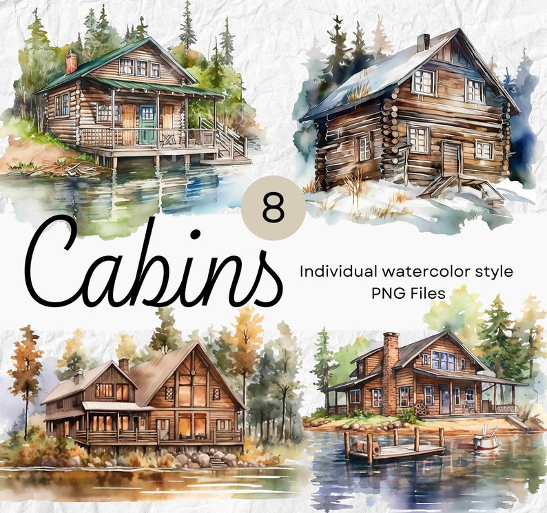 Watercolor Log Cabin Clipart, Camping PNG for Commercial Use POD ...