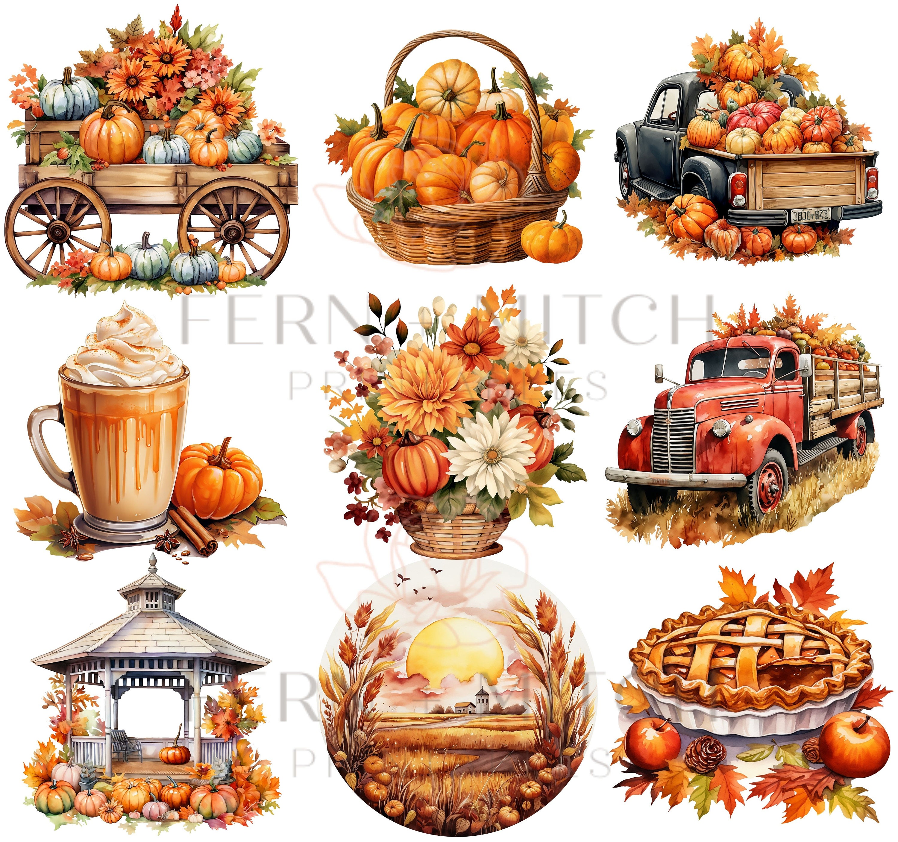 Watercolor Fall Clipart, Autumn Harvest PNG Bundle (digital Download ...