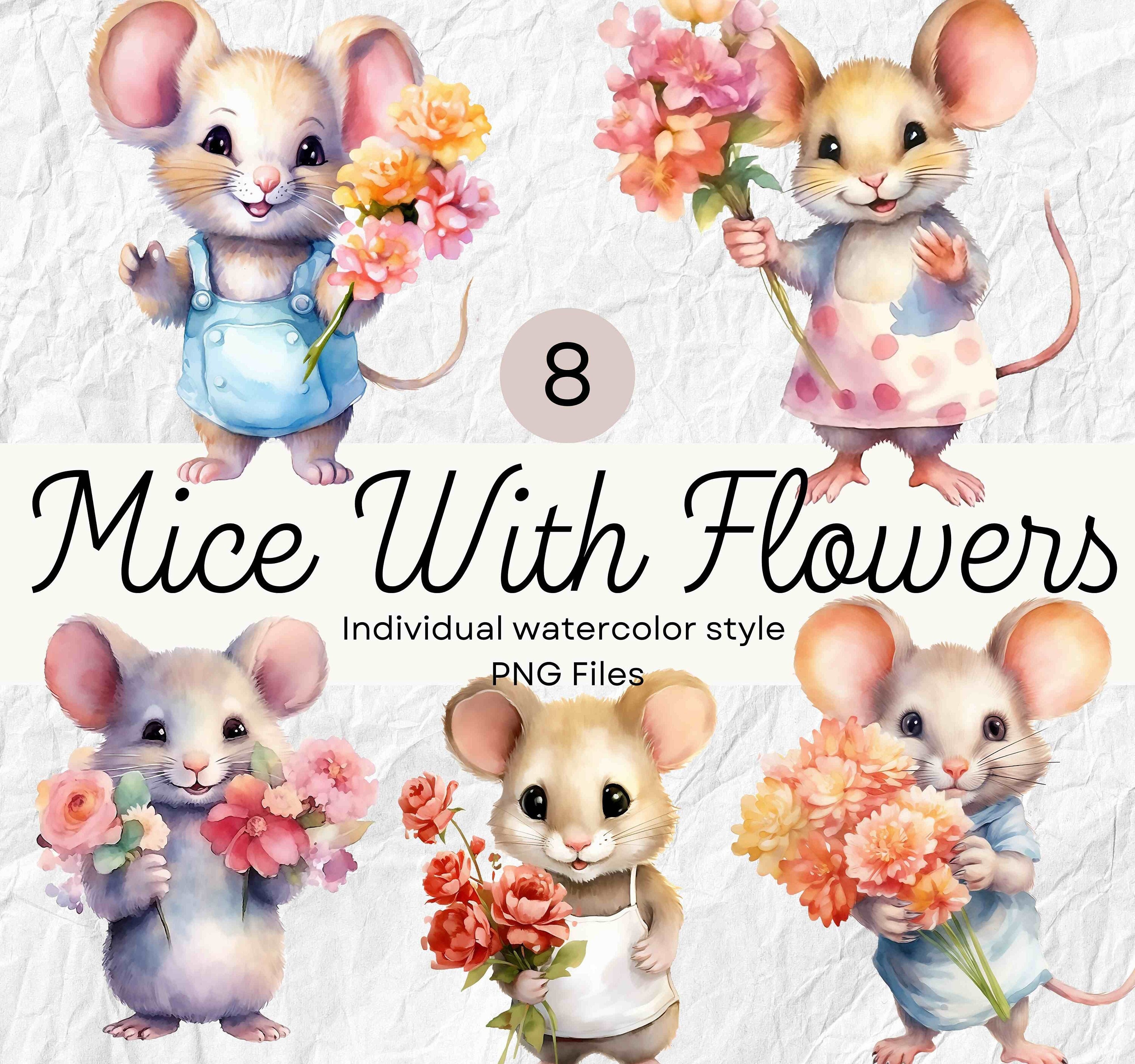Watercolor Mice With Flowers Clipart, Fairytale PNG for Commercial Use ...