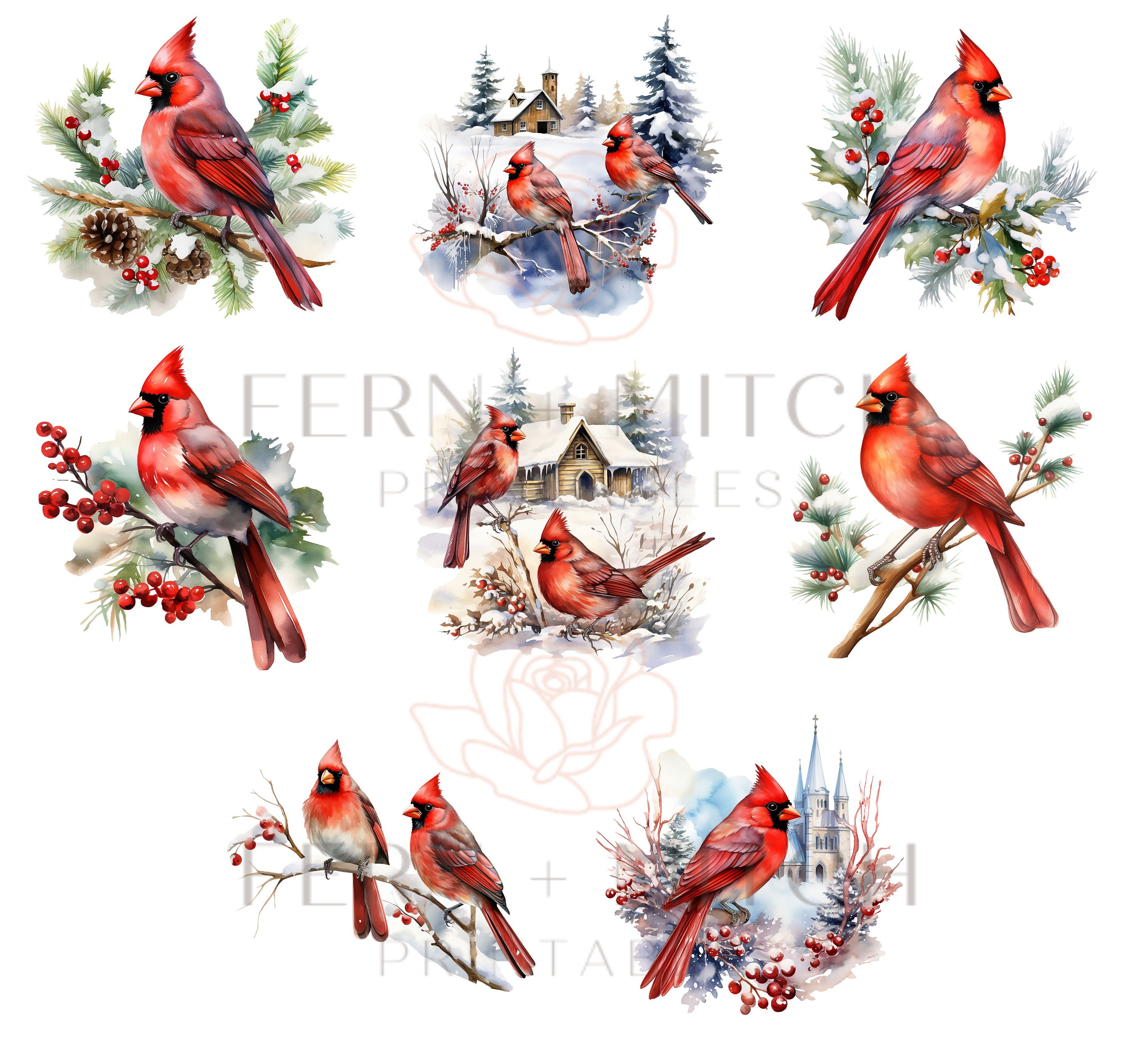 Watercolor Red Cardinal Clipart, Christmas Animals PNG for Commercial ...