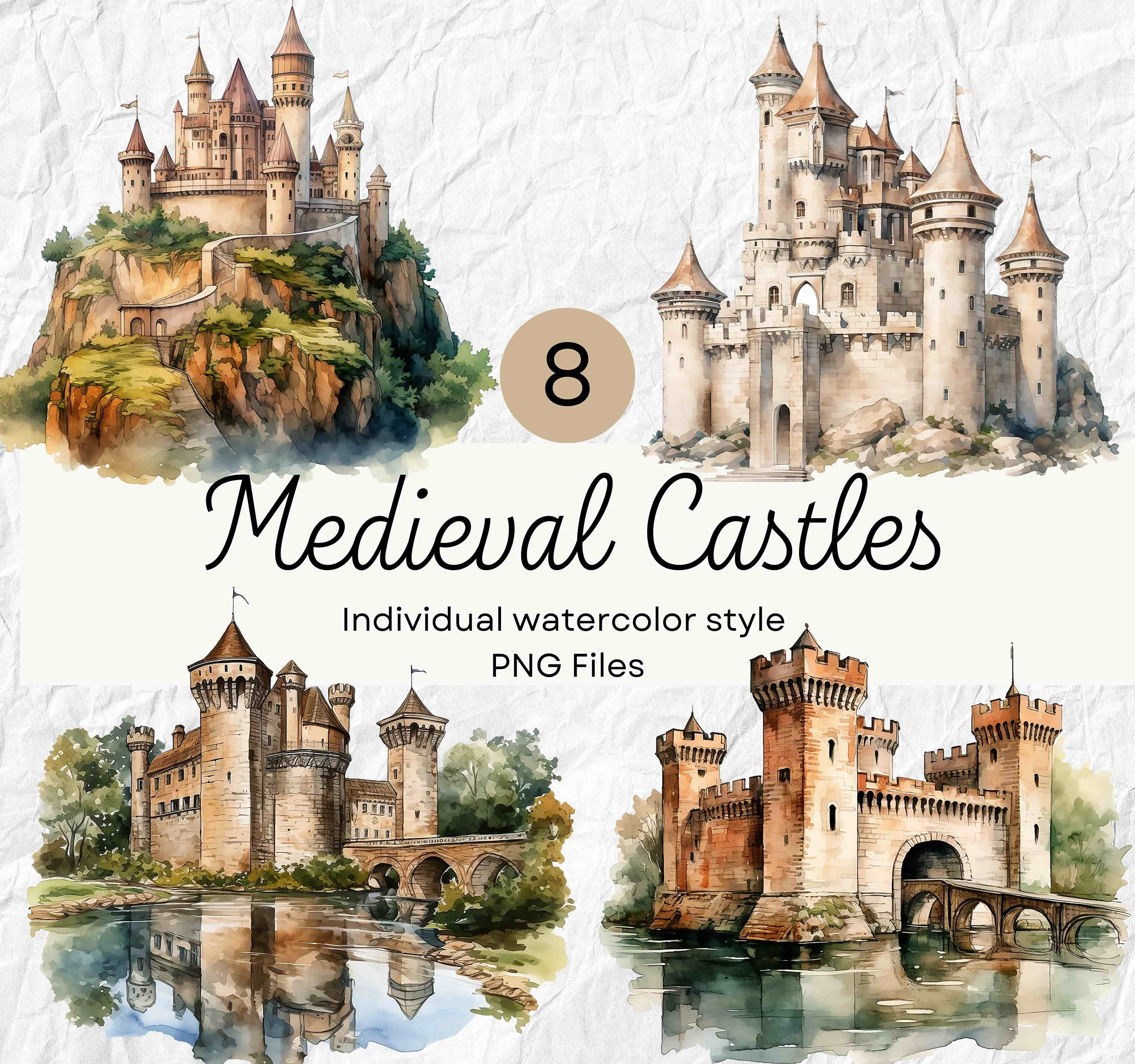 Watercolor Medieval Castle Clipart, Fairytale PNG for Commercial Use ...